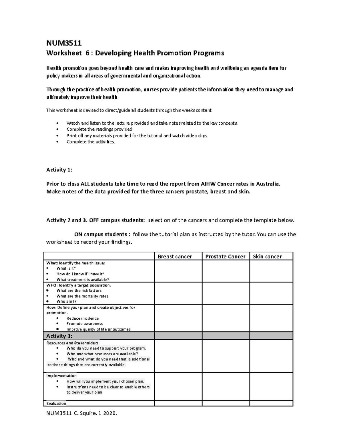 NUM3511 Worksheet topic 6 Developing a health promotion Plan - NUM ...