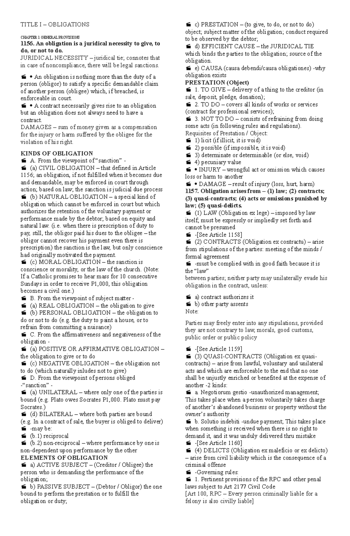 Obligations 1156-1230 - TITLE I – OBLIGATIONS CHAPTER 1 GENERAL PROVISIONS 1156. An obligation ...