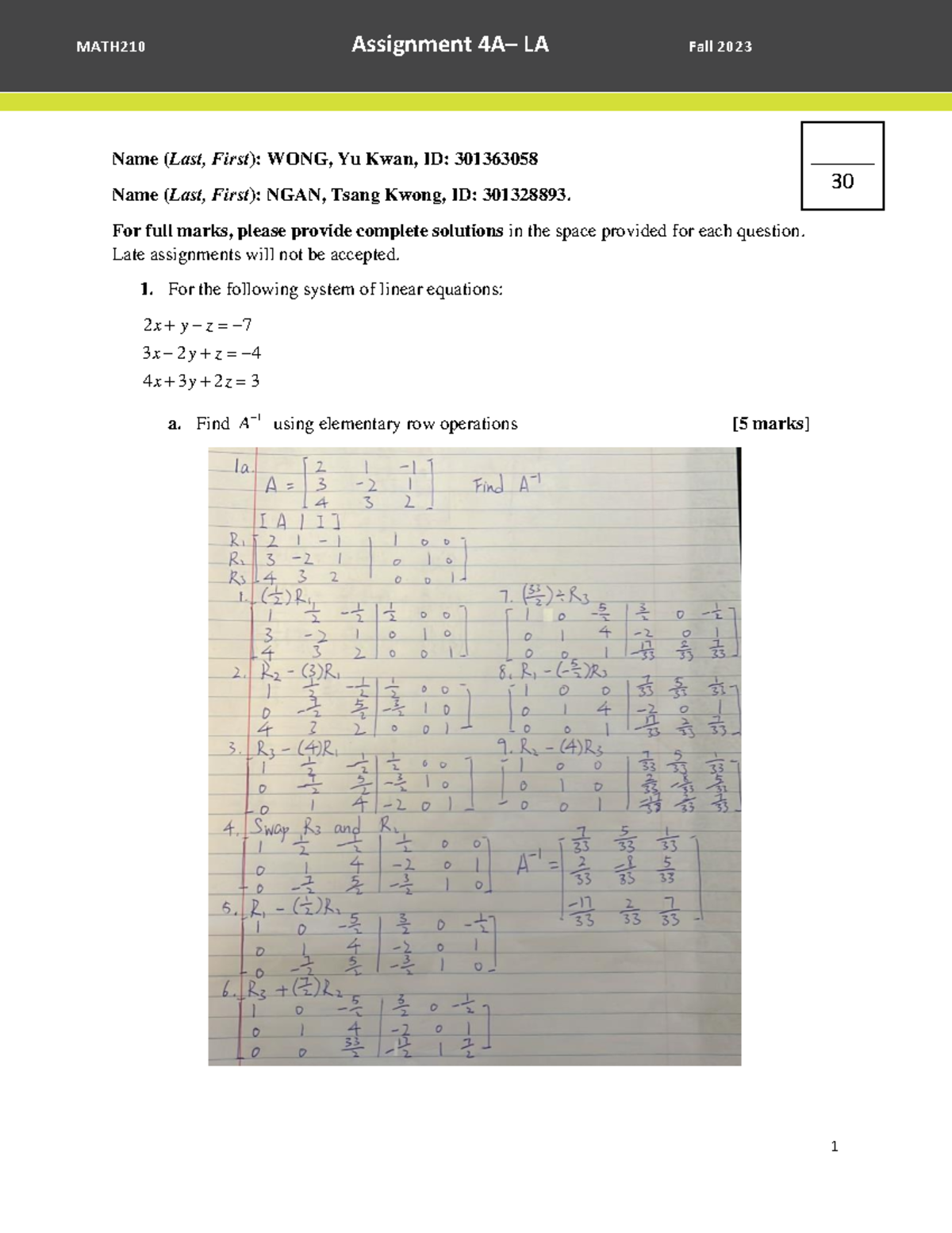 Math 210-Assignment 4A-Linear Algebra Yu Kwan Wong Ngan Tsang Kwong ...