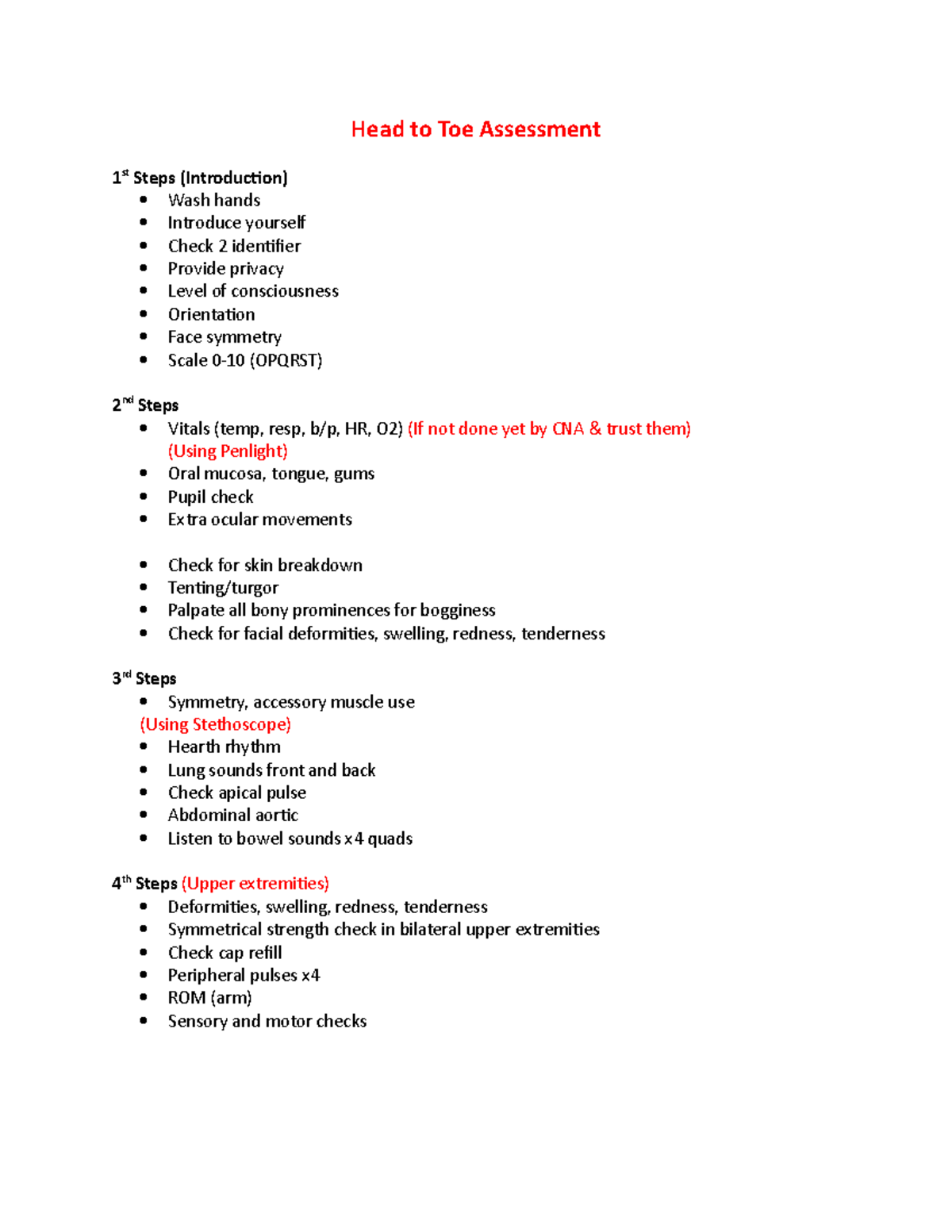 Head to Toe - Head to toe steps in order - Head to Toe Assessment 1 st ...