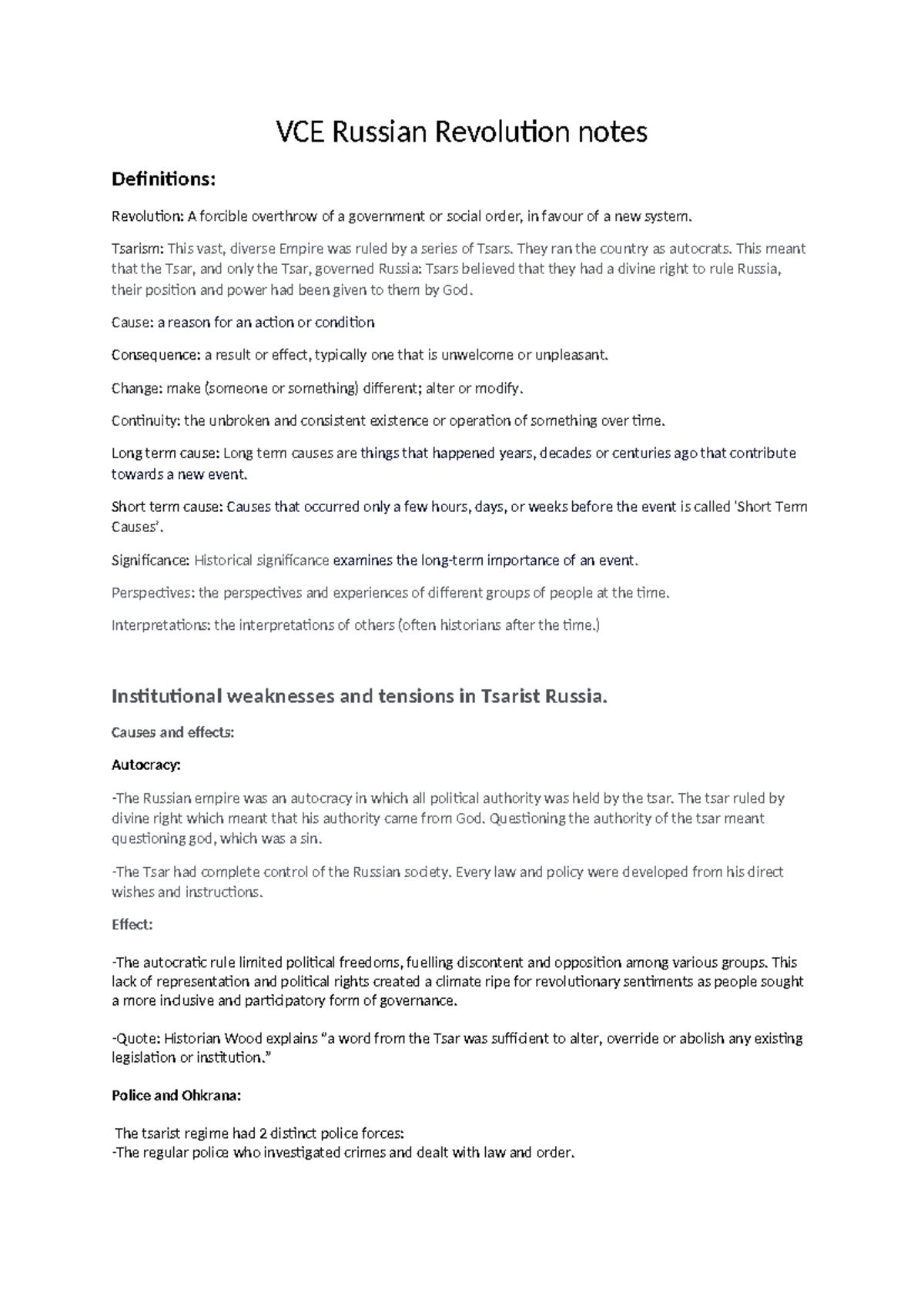 VCE Revolutions Notes - VCE Russian Revolution notes Definitions ...
