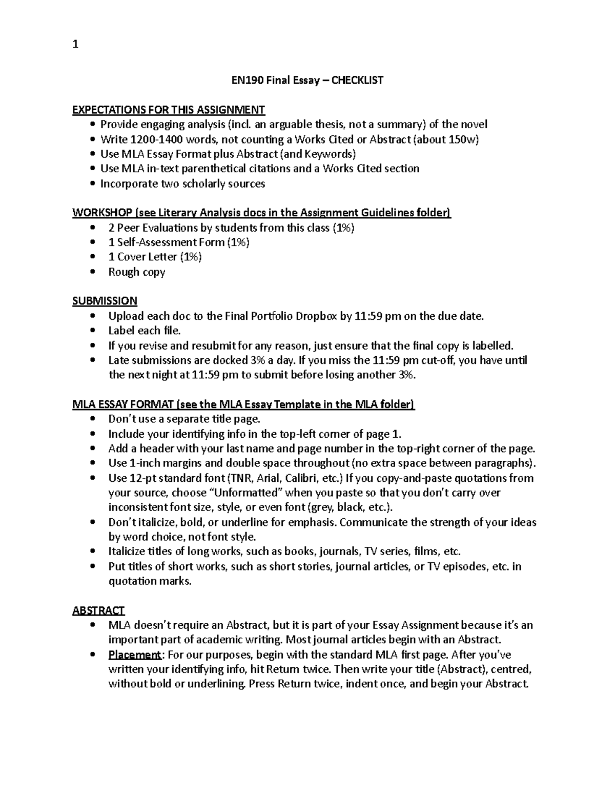 22 Checklist for Final Essay copy - EN190 Final Essay – CHECKLIST ...