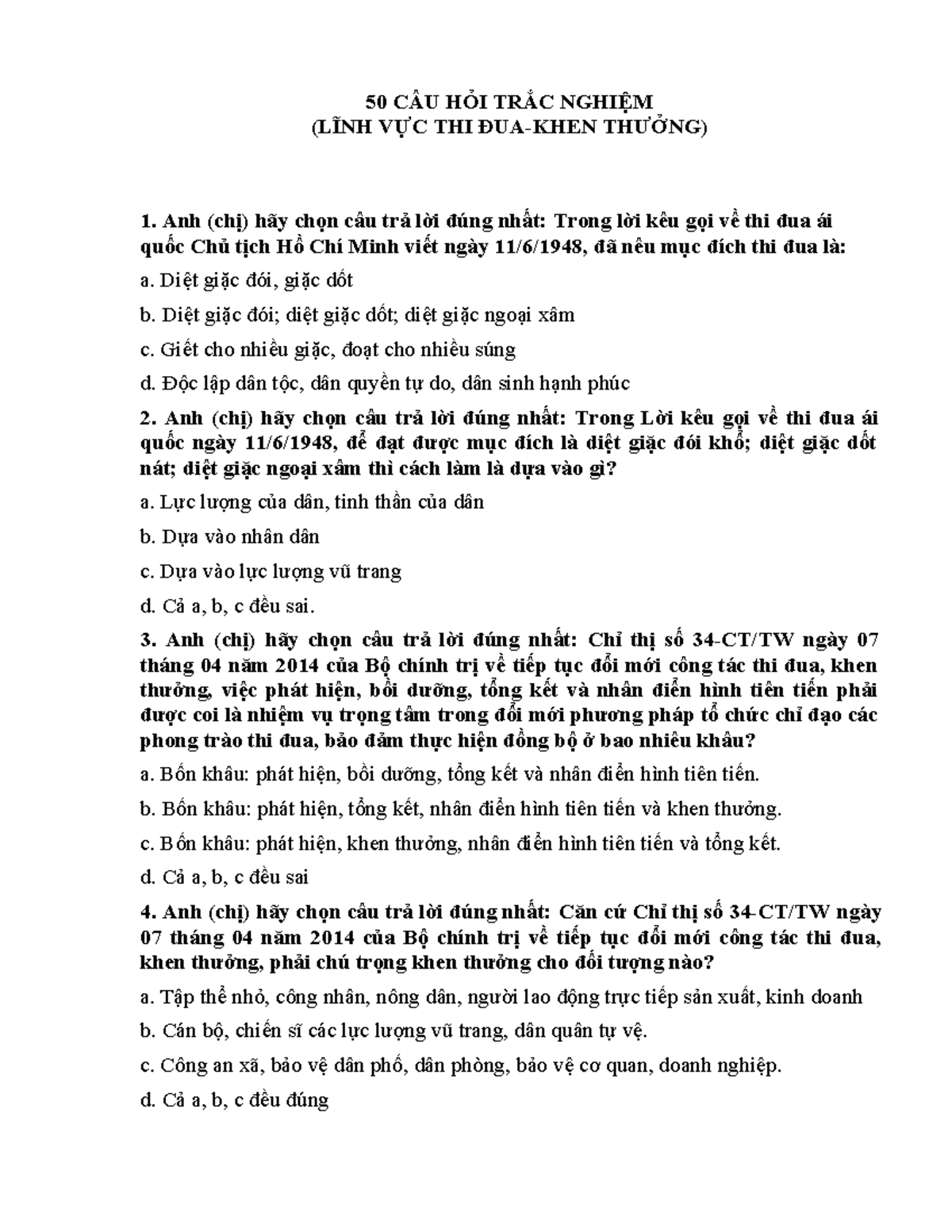 50 Cau Hoi Trac Nghiem Tdkt 50 CÂu HỎi TrẮc NghiỆm LĨnh VỰc Thi Đua