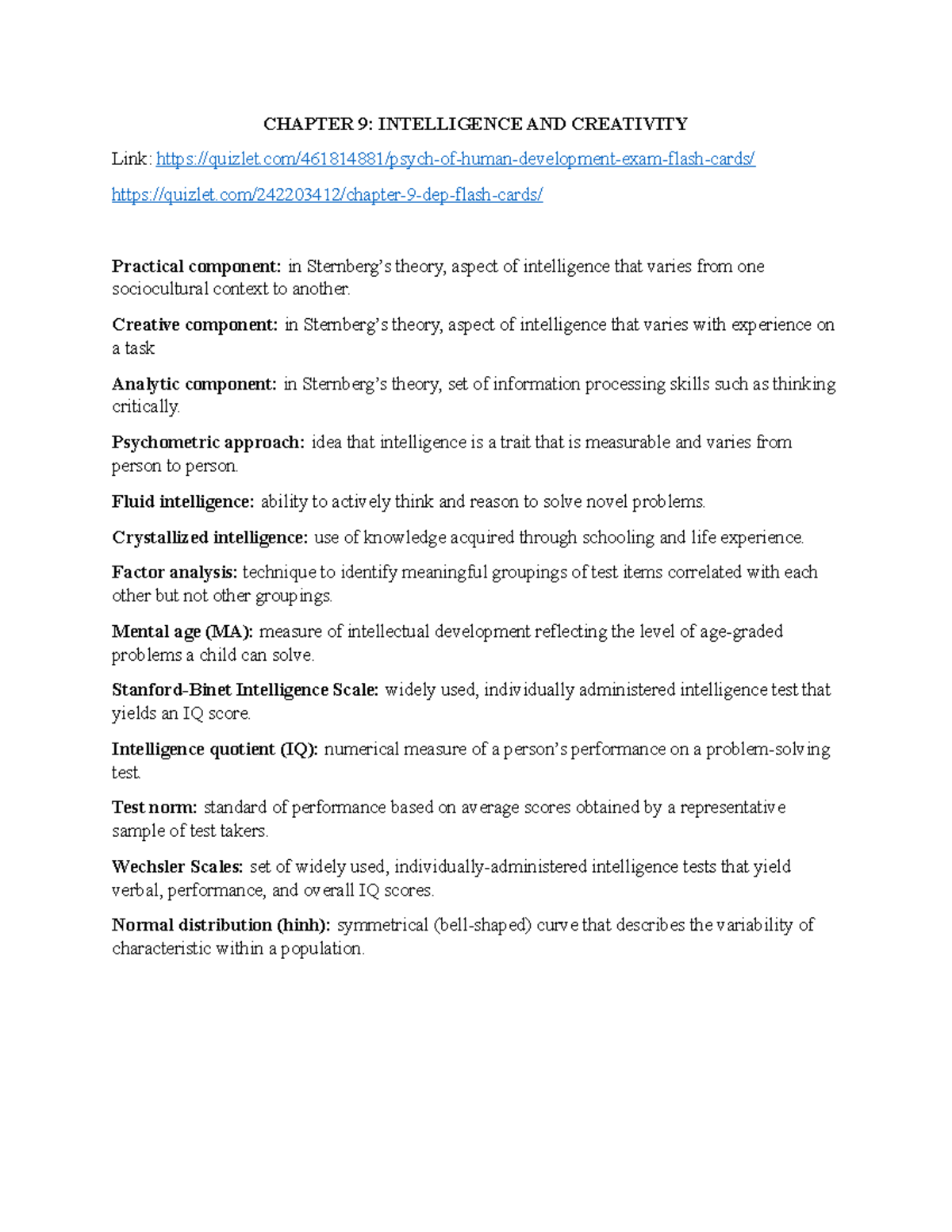 Assignment 9 - DE ANZA College in Winter 2020 - CHAPTER 9: INTELLIGENCE AND CREATIVITY Link ...