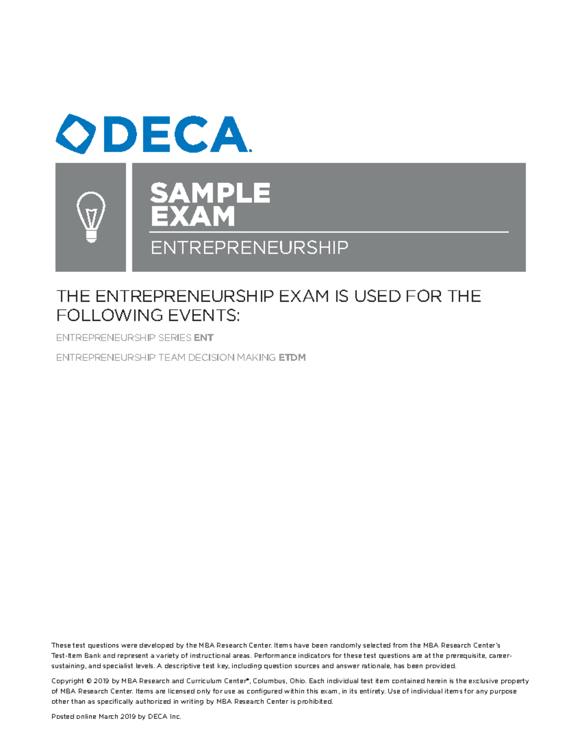 Sample/practice exam 2019, questions - SAMPLE EXAM ENTREPRENEURSHIP THE ...