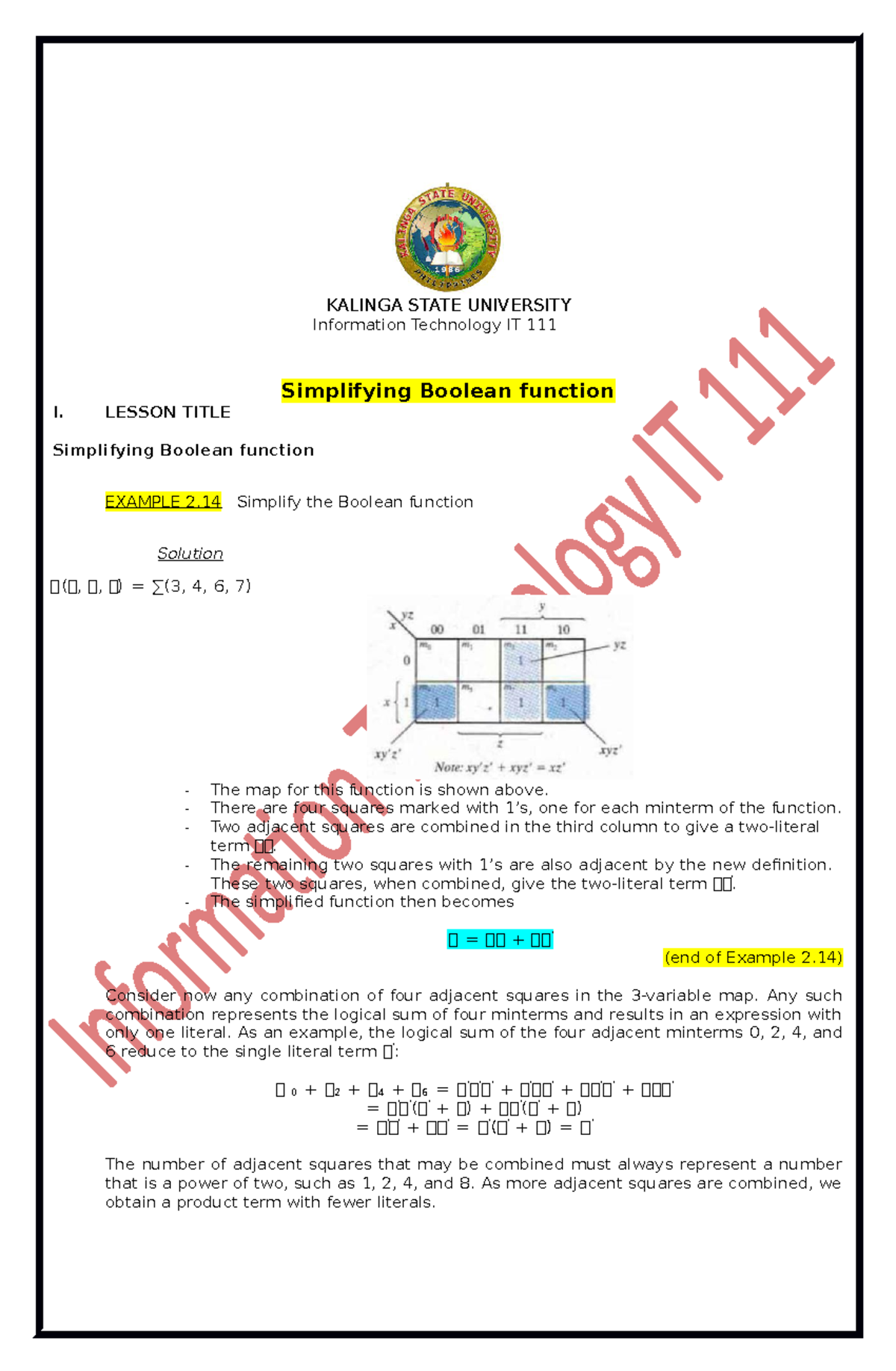 Simplify the Boolean function - KALINGA STATE UNIVERSITY Information ...