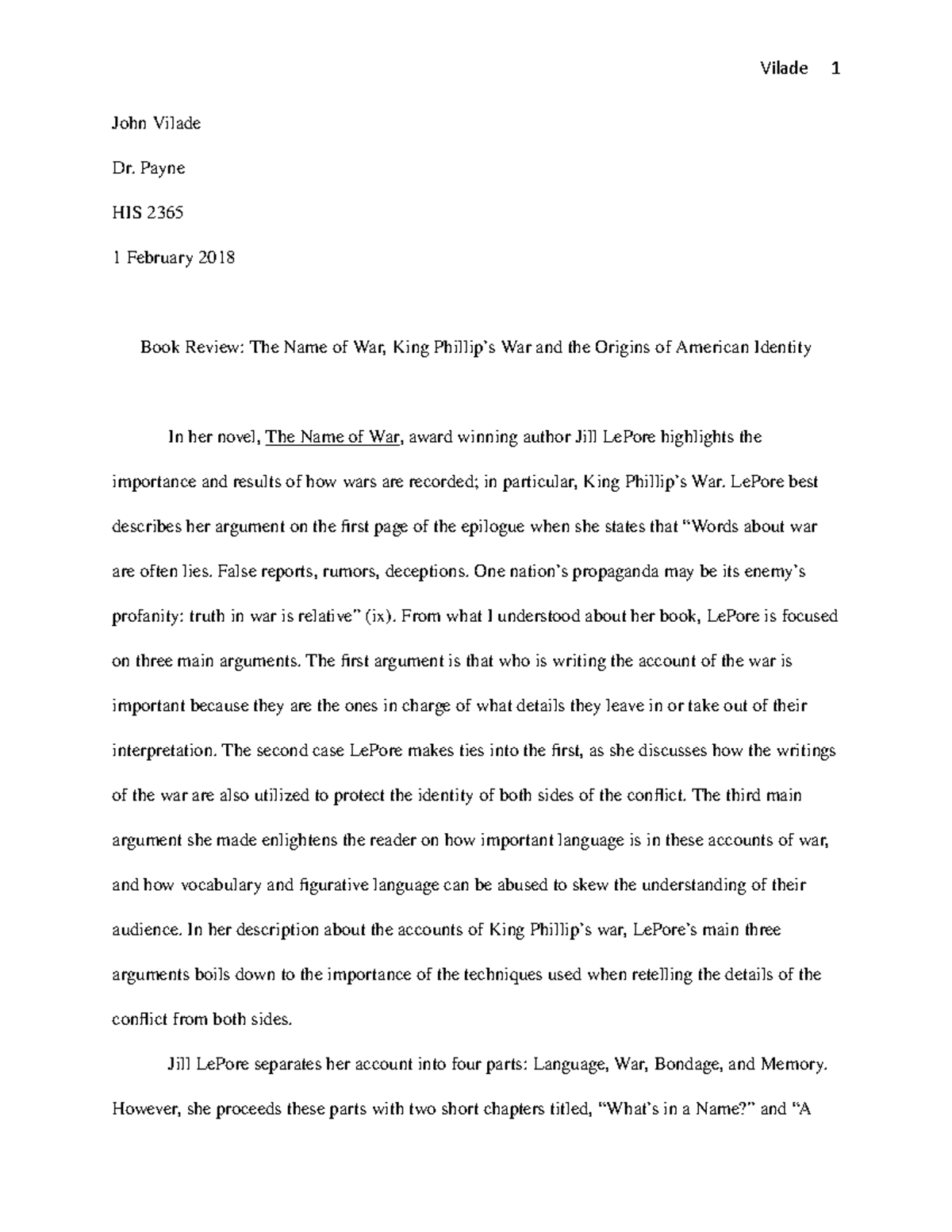 Name of War Review - John Vilade Dr. Payne HIS 2365 1 February 2018 ...