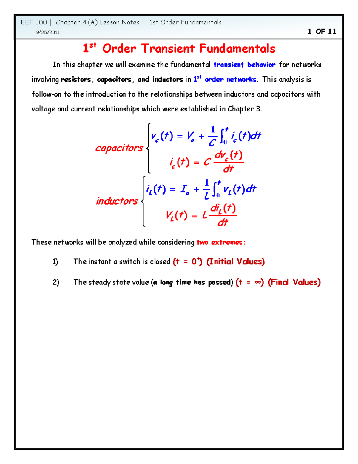 1st Order Transient Fundamentals - This analysis is to the introduction ...