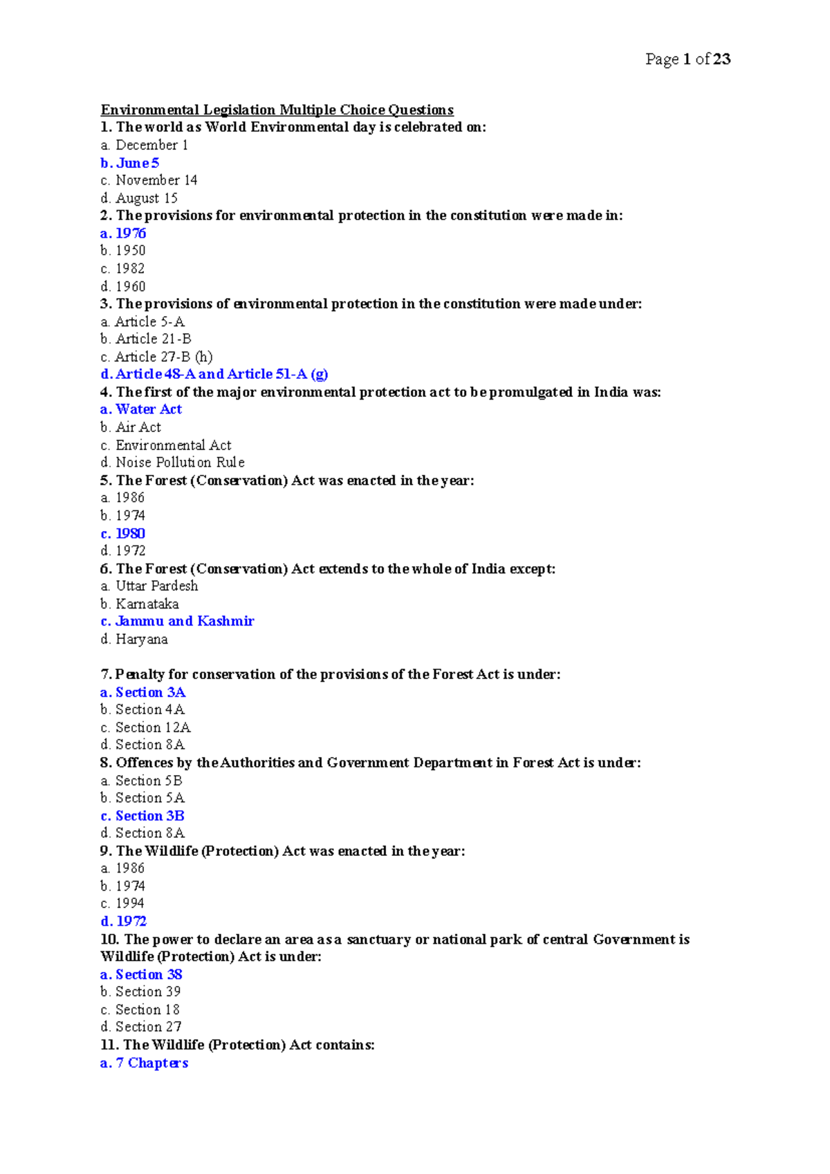 Environment MCQ Environmental Legislation Multiple Choice Questions