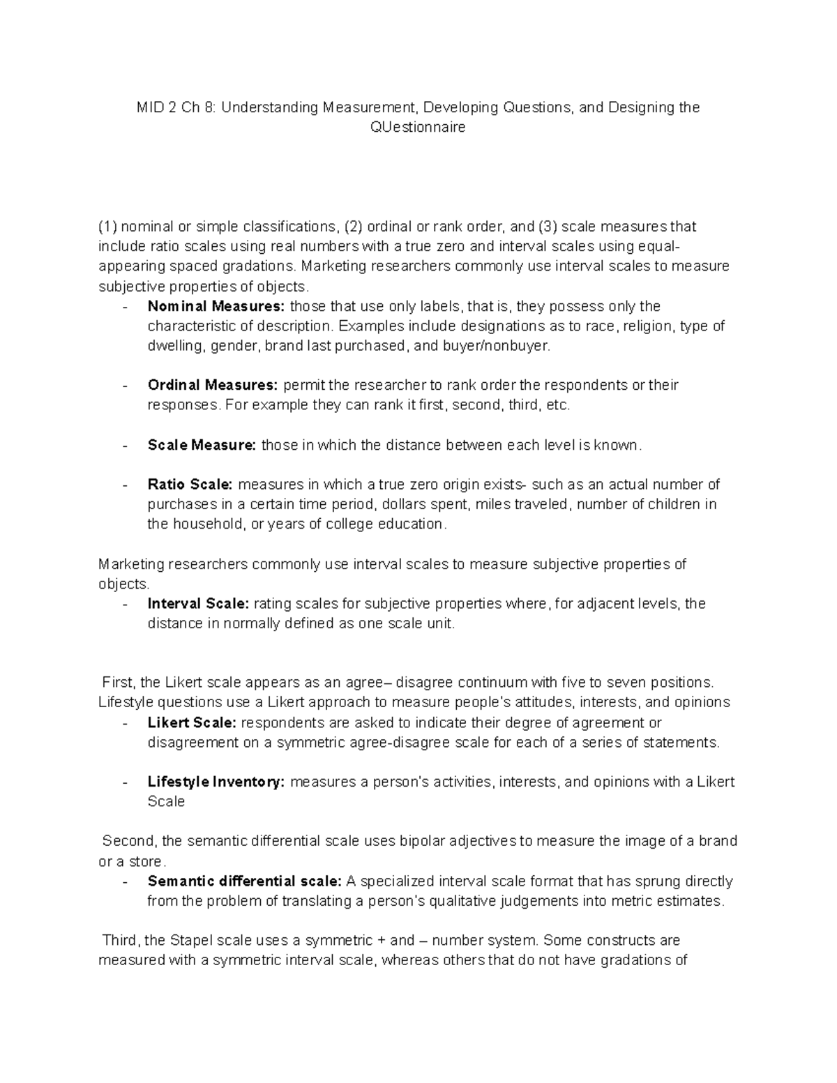 MID 2 Ch 8: Understanding Measurement, Developing Questions, and ...