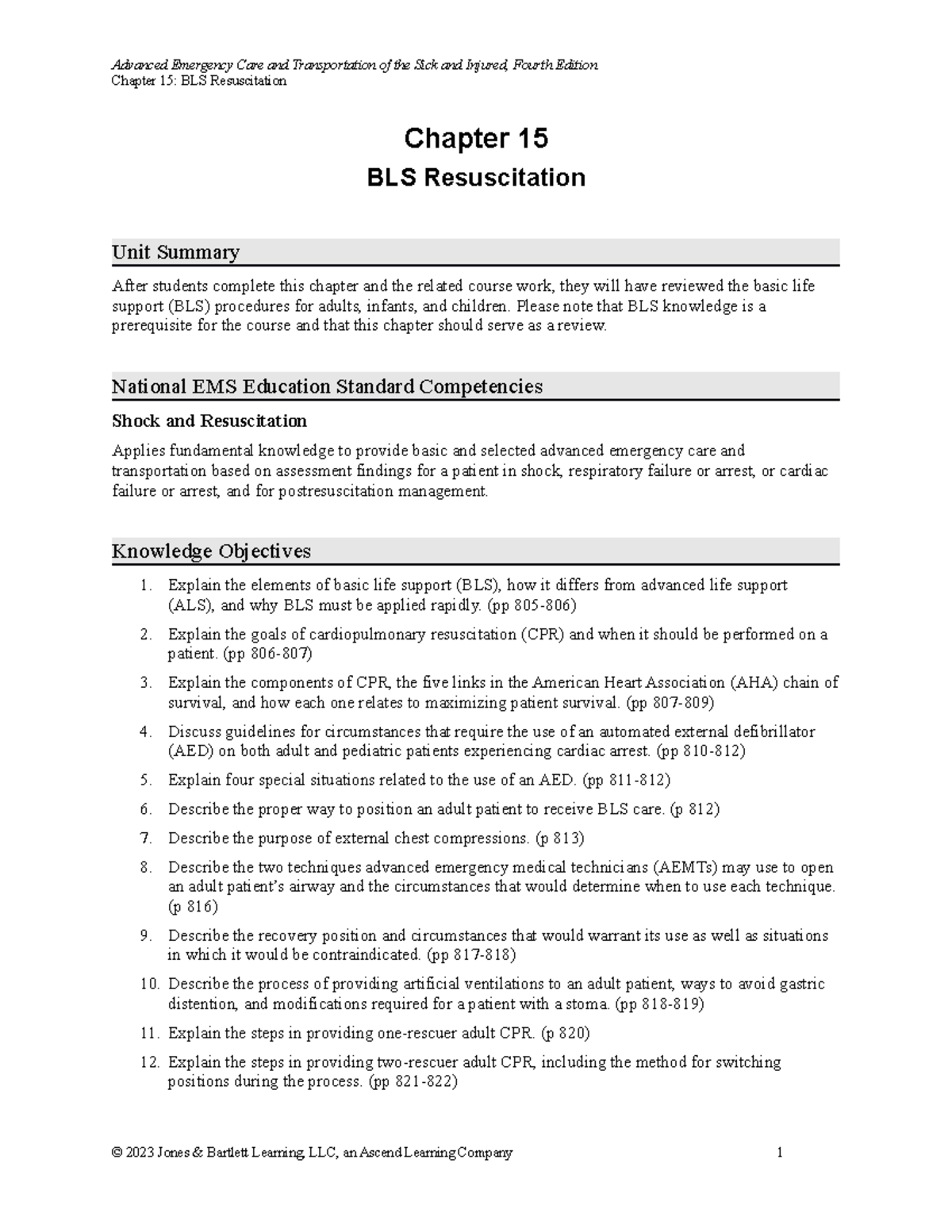 CH15 - chapter 15 notes - Chapter 15: BLS Resuscitation Chapter 15 BLS ...
