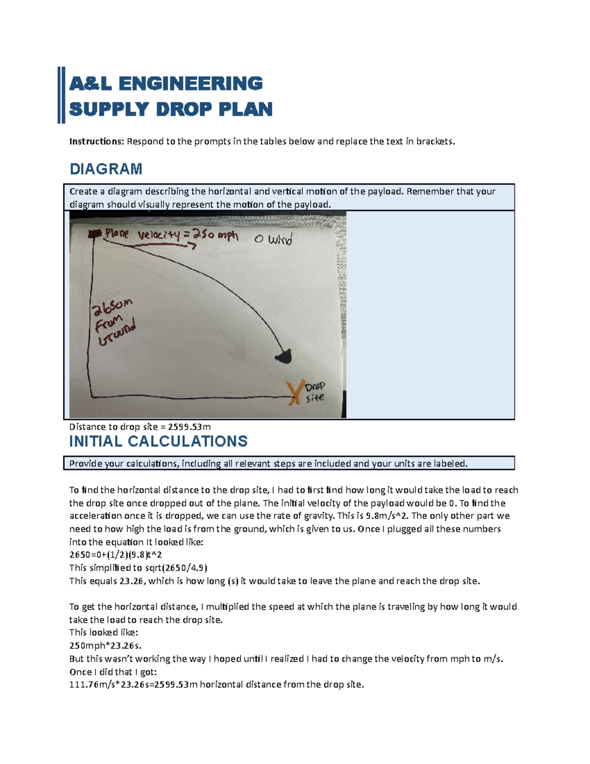 PHY 150 Project One Supply Drop - A&L ENGINEERING SUPPLY DROP PLAN ...