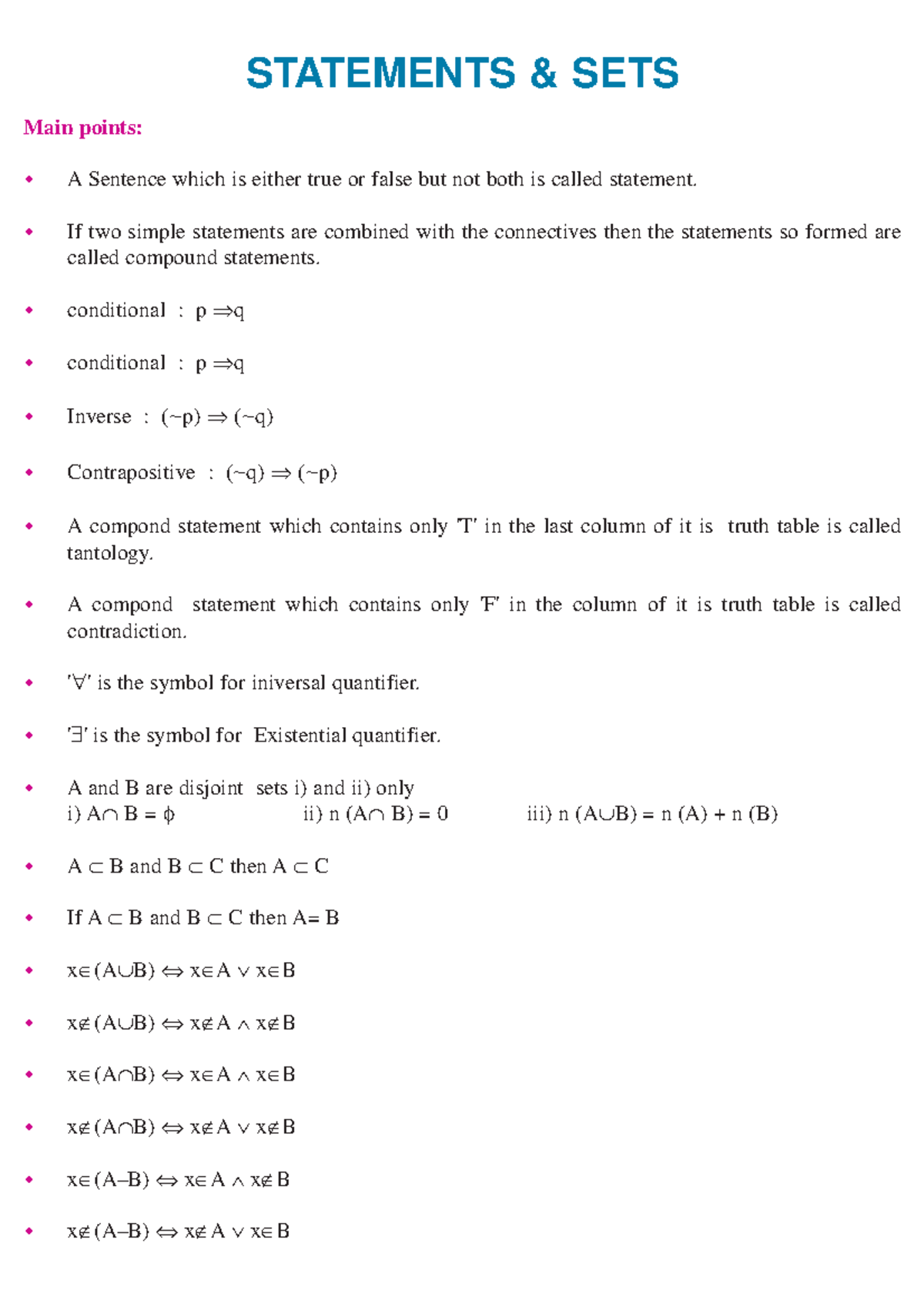 statements sets - STATEMENTS & SETS Main points: A Sentence which is ...