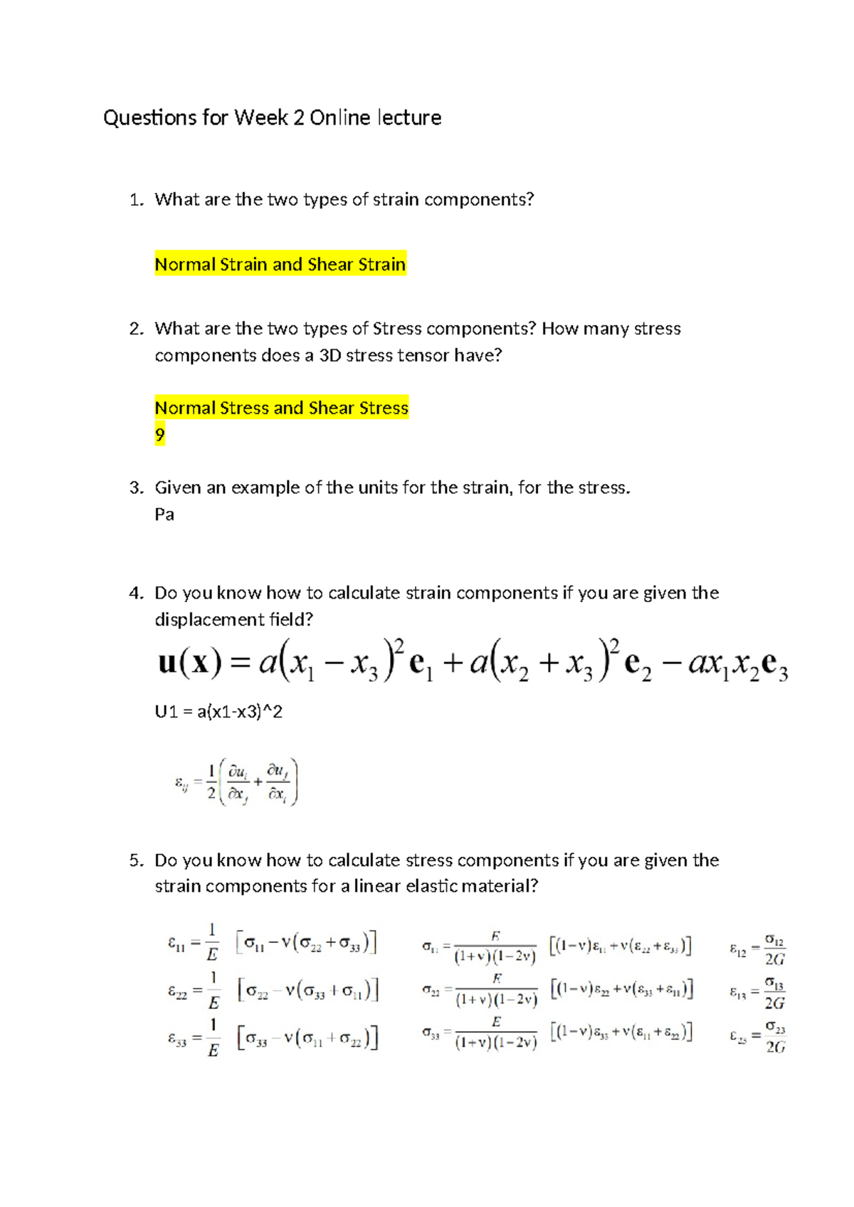 Summary - Answer of all lecture question - Questions for Week 2 Online ...