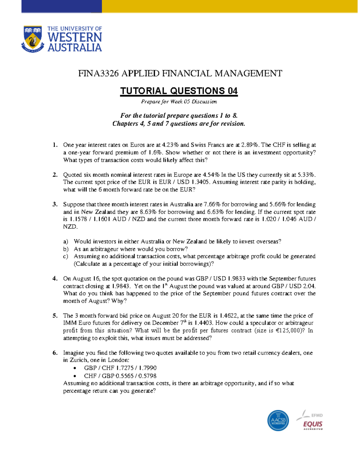 Tutorial Questions 04 2020 - FINA3326 APPLIED FINANCIAL MANAGEMENT ...