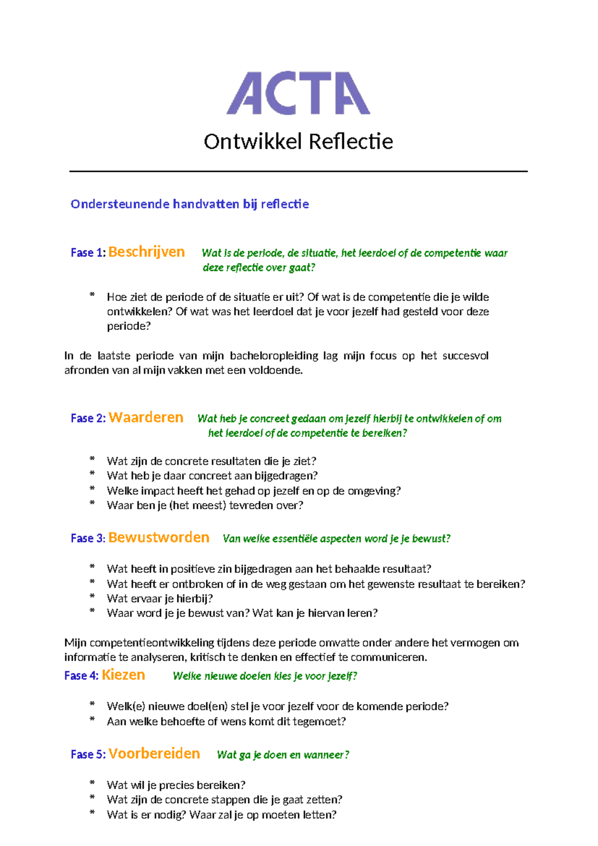 Ontwikkelreflectie bachelor - Ontwikkel Reflectie Ondersteunende ...