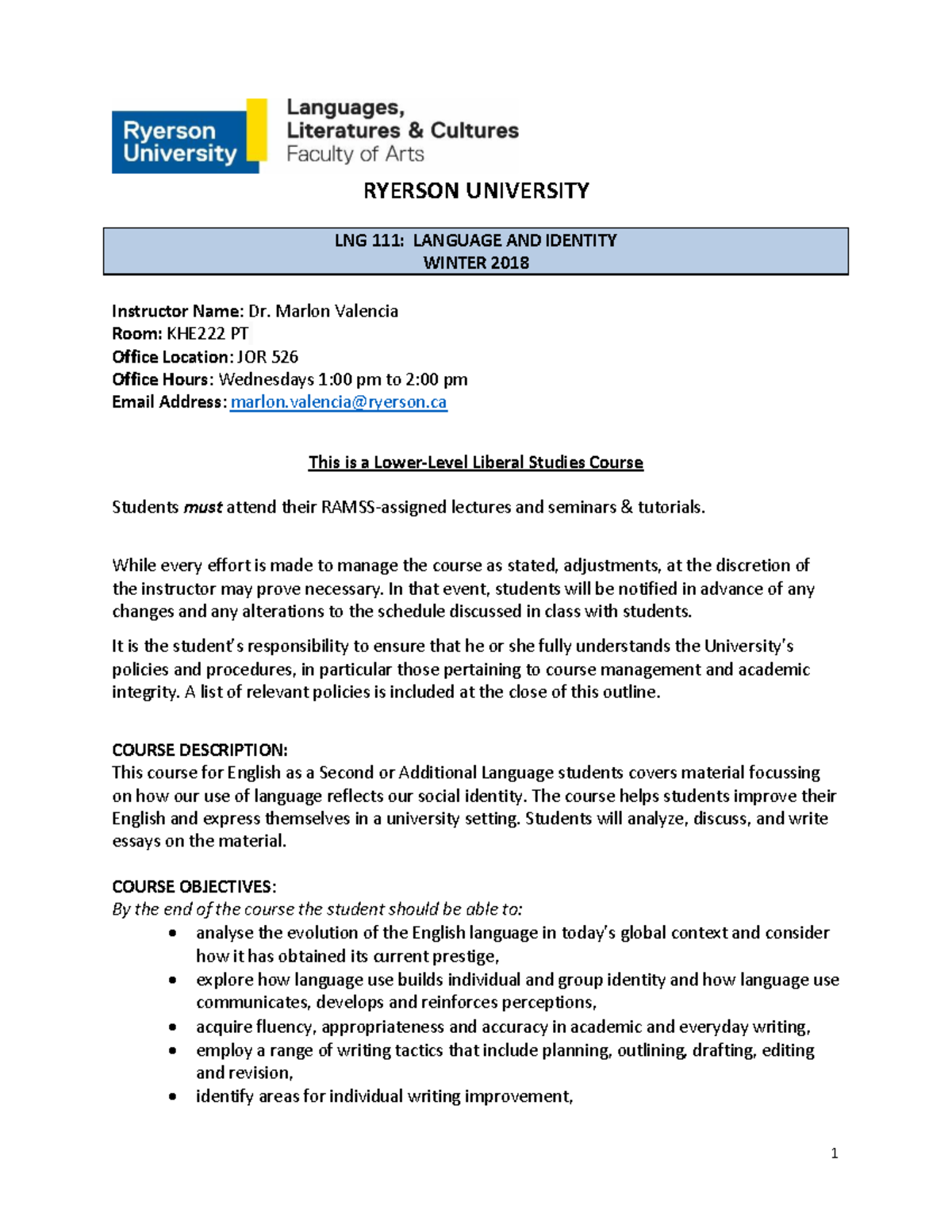 LNG111Course Outline Winter 2018 Jan11 Valencia 2 - Warning: TT: undefined function: 32 Warning ...
