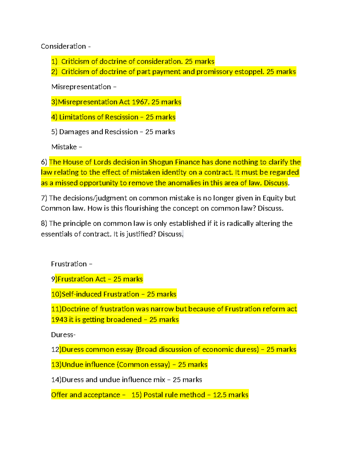 Essay-names - good - Consideration – 1) Criticism of doctrine of consideration. 25 marks 2 ...