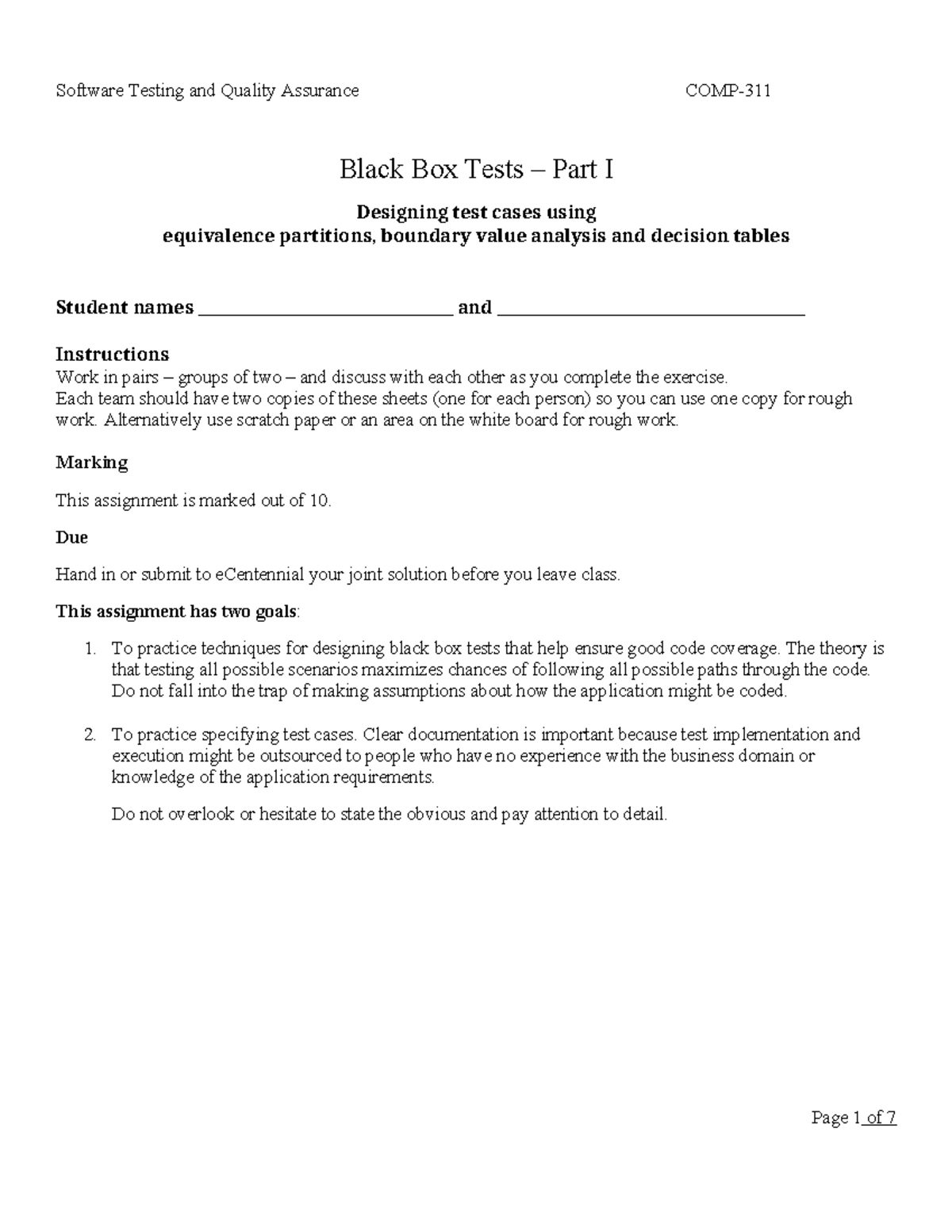 A7-Black Box Tests Part I - Black Box Tests – Part I Designing test ...