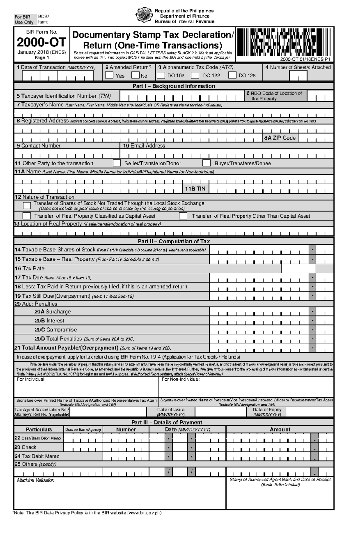 2000 OT January 2018 ENCS v3 - NOTE: Please read the BIR Data Privacy ...