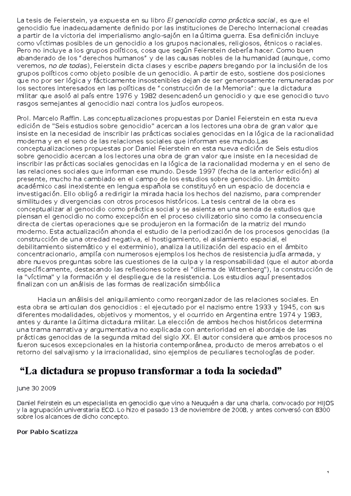 La tesis de Feierstein - Esa definición incluye como víctimas posibles ...