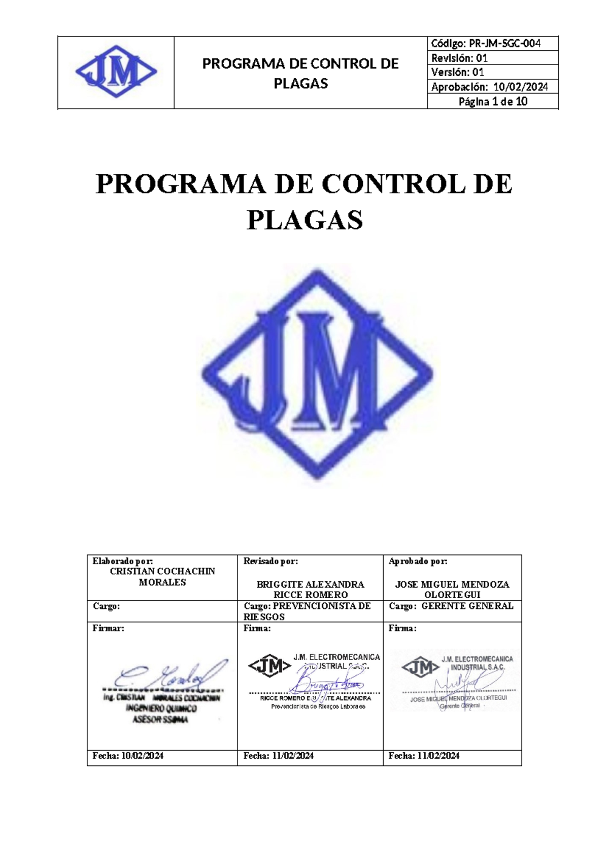 PR-JM-SGC-004 Programa DE Control DE Plagas - PROGRAMA DE CONTROL DE ...