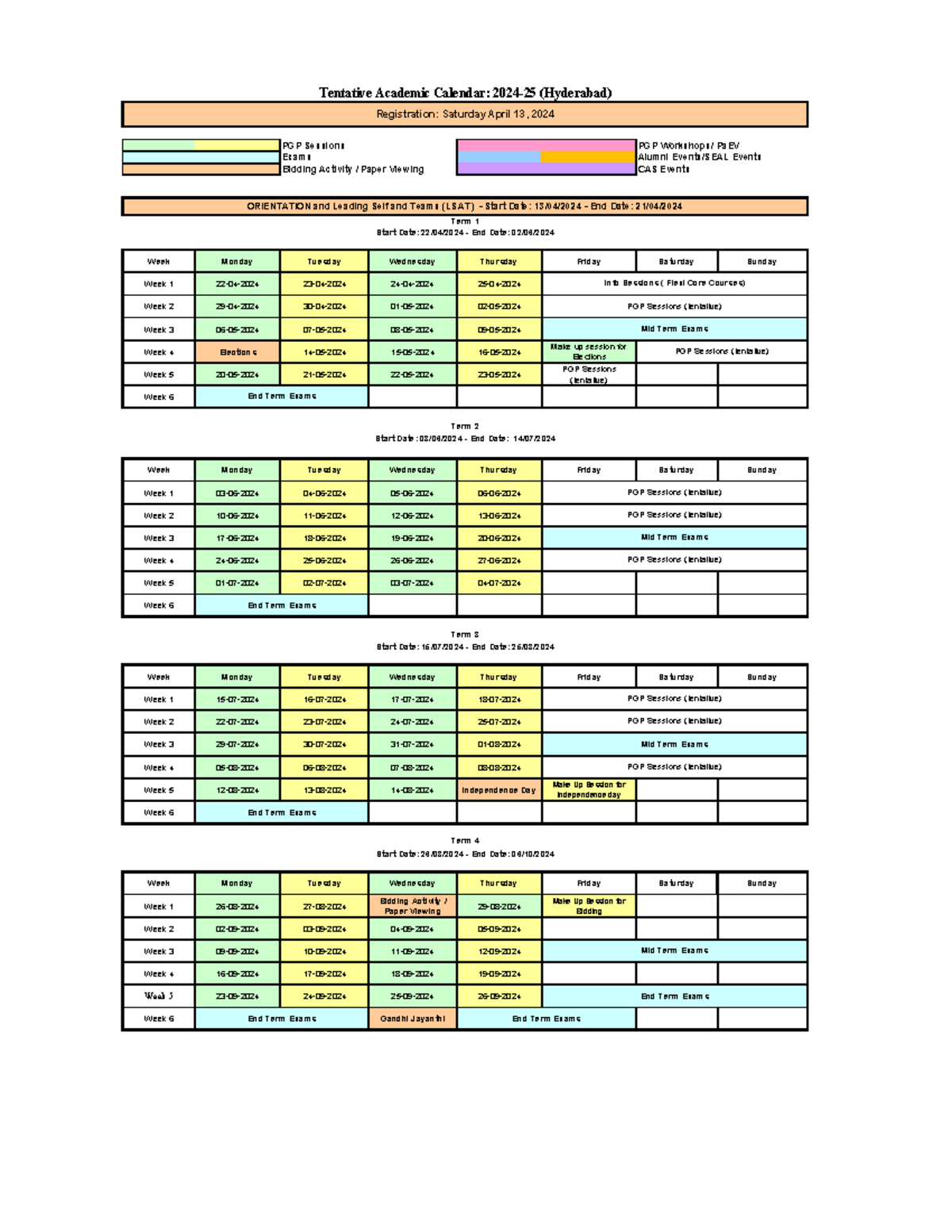 Academic Calender 24-25 - PGP Sessions PGP Workshops/ PaEV Exams Alumni ...