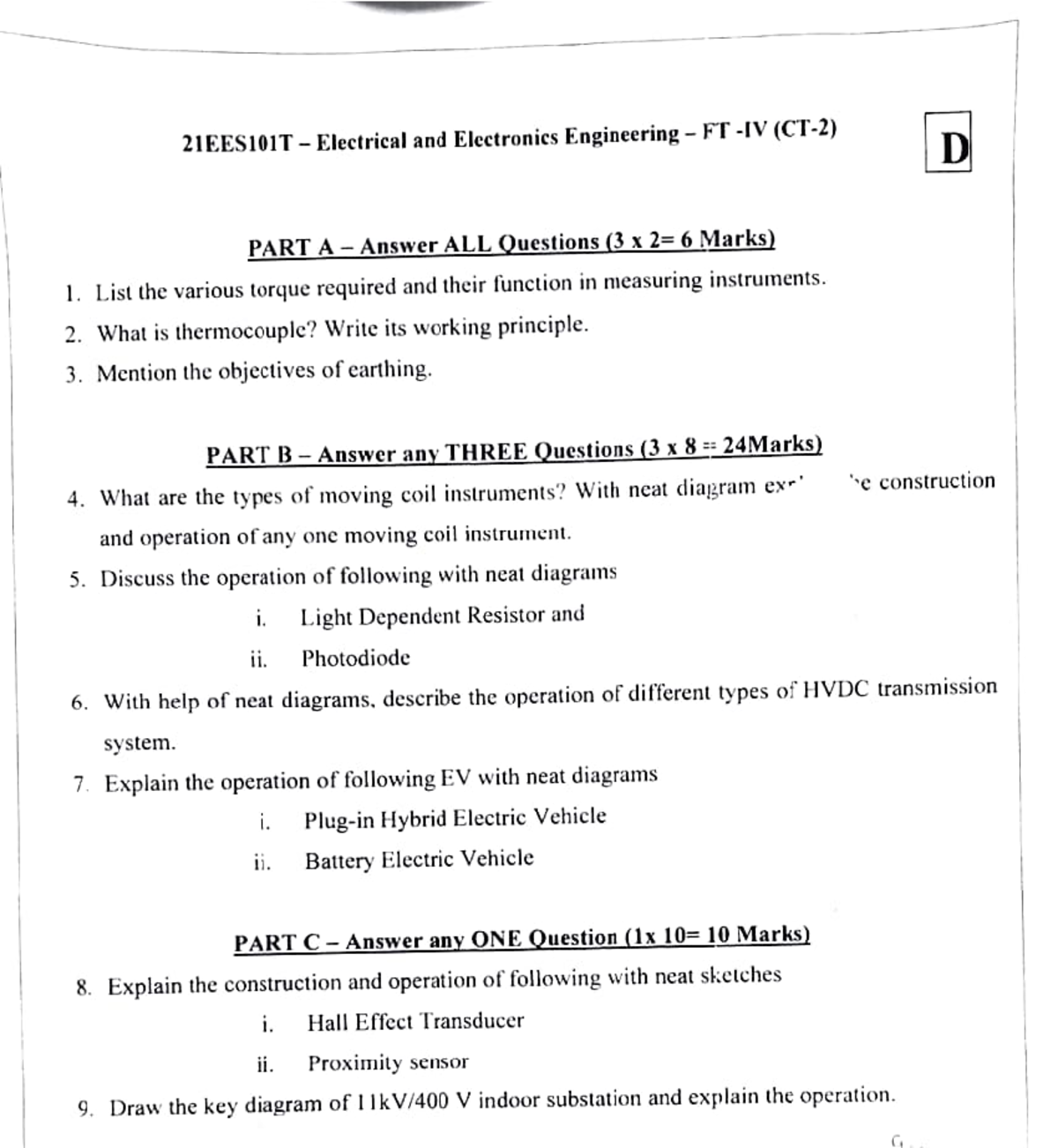 EEE CT - 21EES101T - Electrical and Electronics Engineering - FT -IV (CT-2) PART A- Answer ALL ...