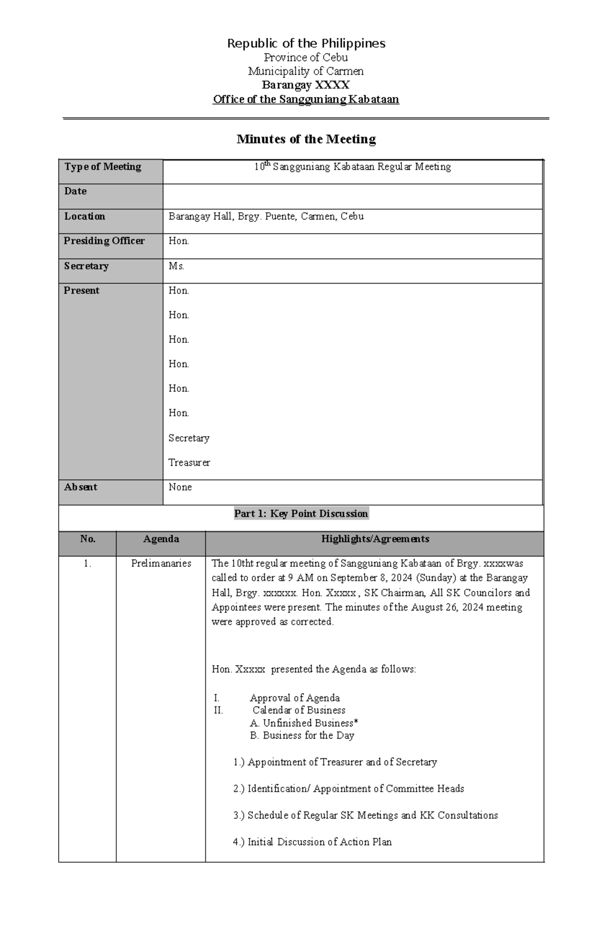 Minutes of the Meeting template - Republic of the Philippines Province ...