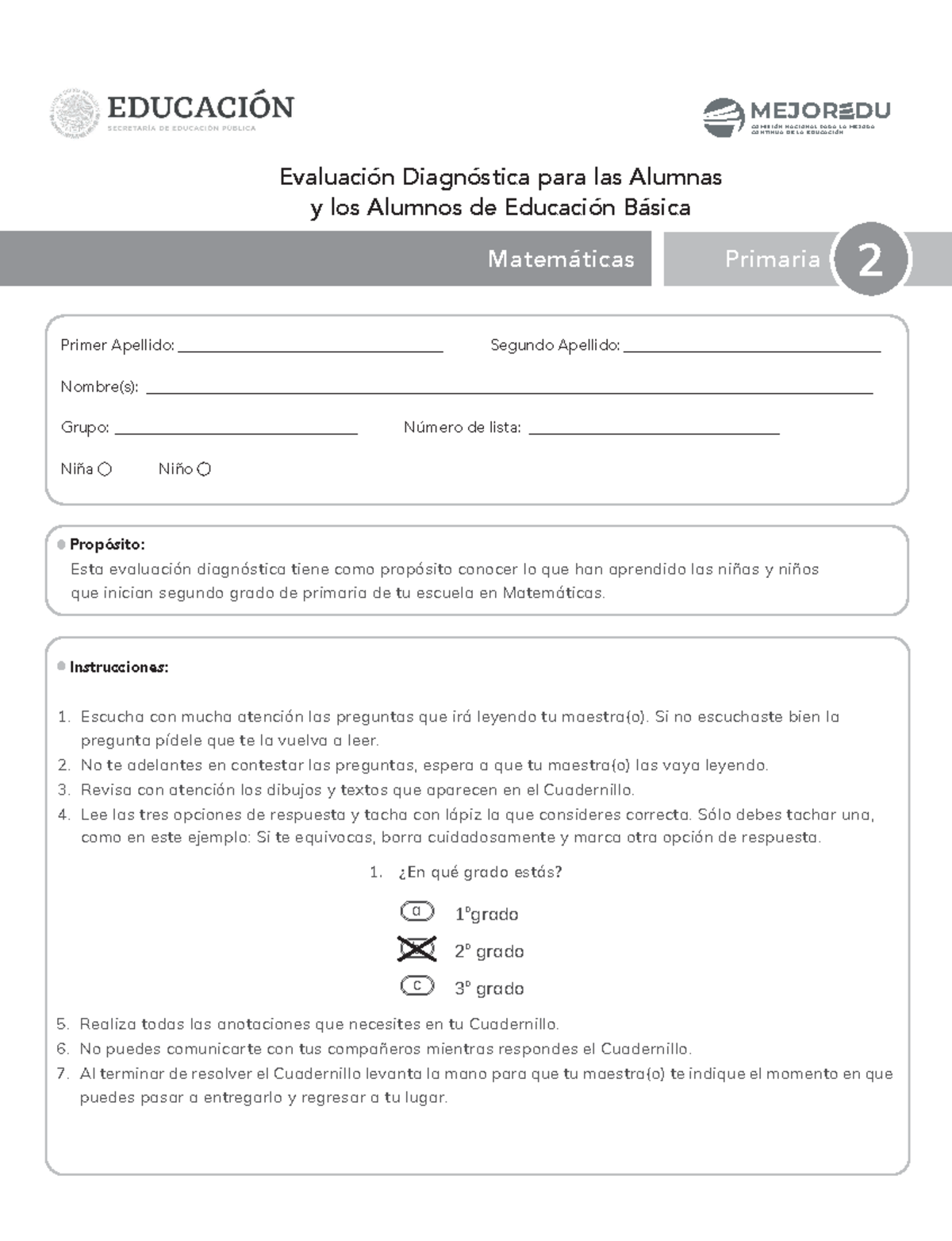 2023 Exa Diag Prim 2 Mat - examen diagnóstico de segundo de primaria - 1. Escucha con mucha ...