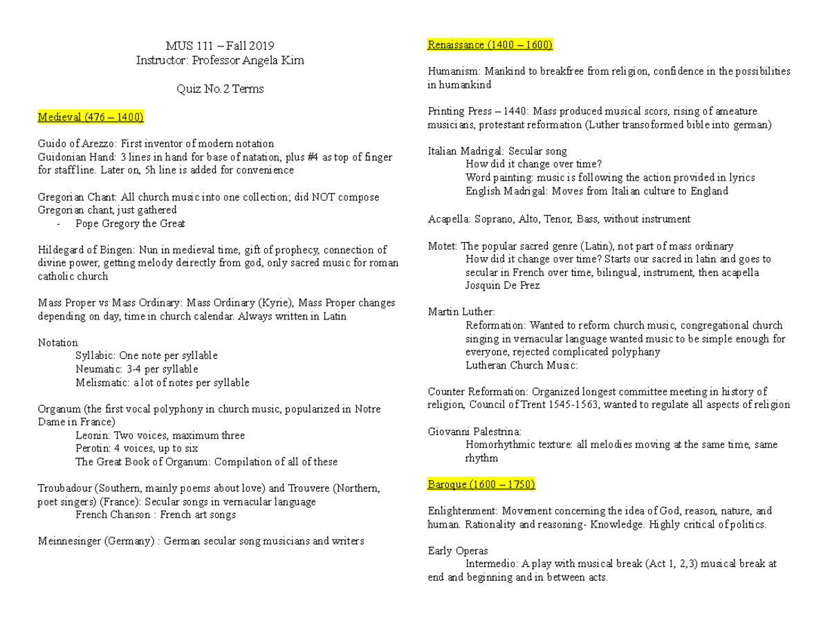 Quiz - Study Guide 2 - MUS 111 – Fall 2019 Instructor: Professor Angela ...