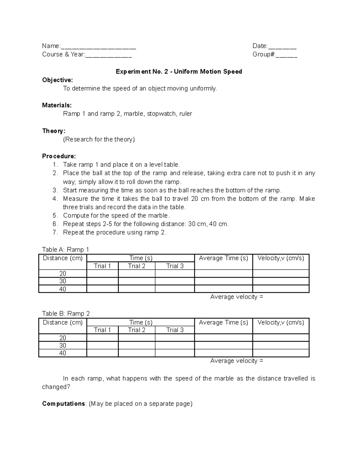 Experiment #2- Uniform Motion Speed - Name:_____________________ Date ...