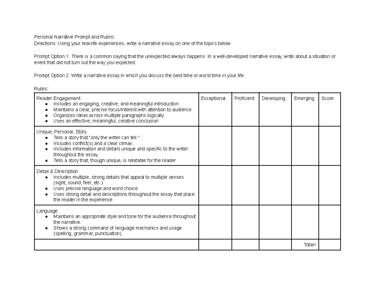 Copyof Personal Narrative Rubric 1699458470 - Personal Narrative Prompt ...