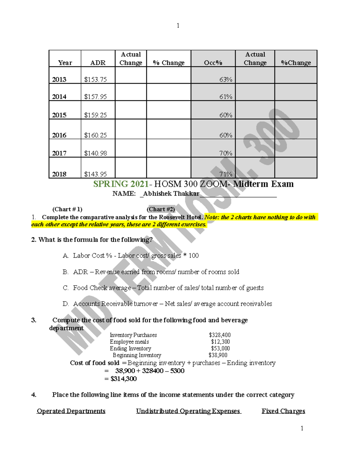 HOSM 300 Mid Term Spring 2021 ZOOM (3) - Year ADR Actual Change ...