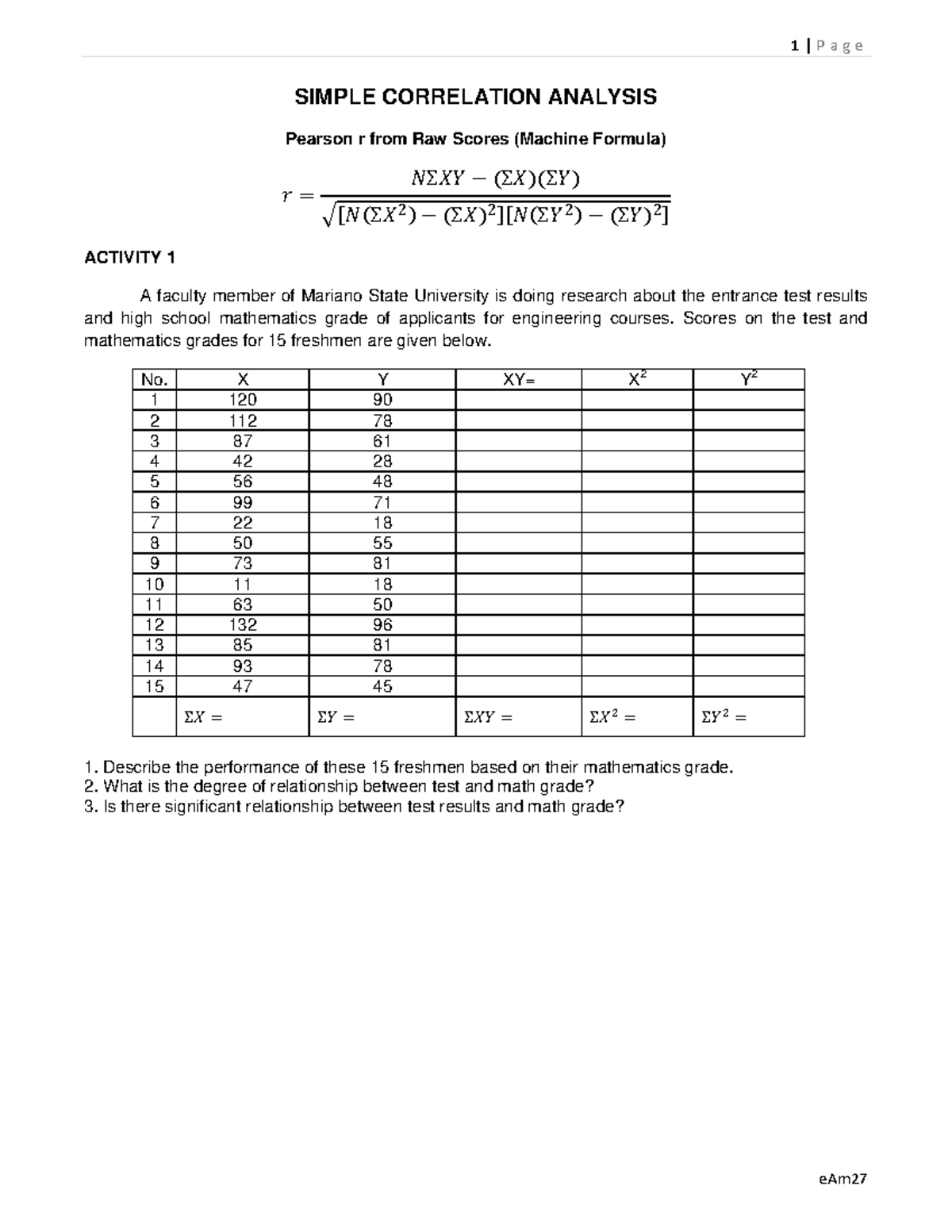 STAT - Statistuc - SIMPLE CORRELATION ANALYSIS Pearson r from Raw ...