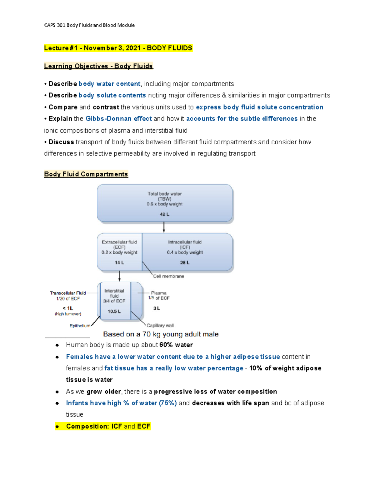 Body fluids Blood - caps301 - Lecture #1 - November 3, 2021 - BODY ...