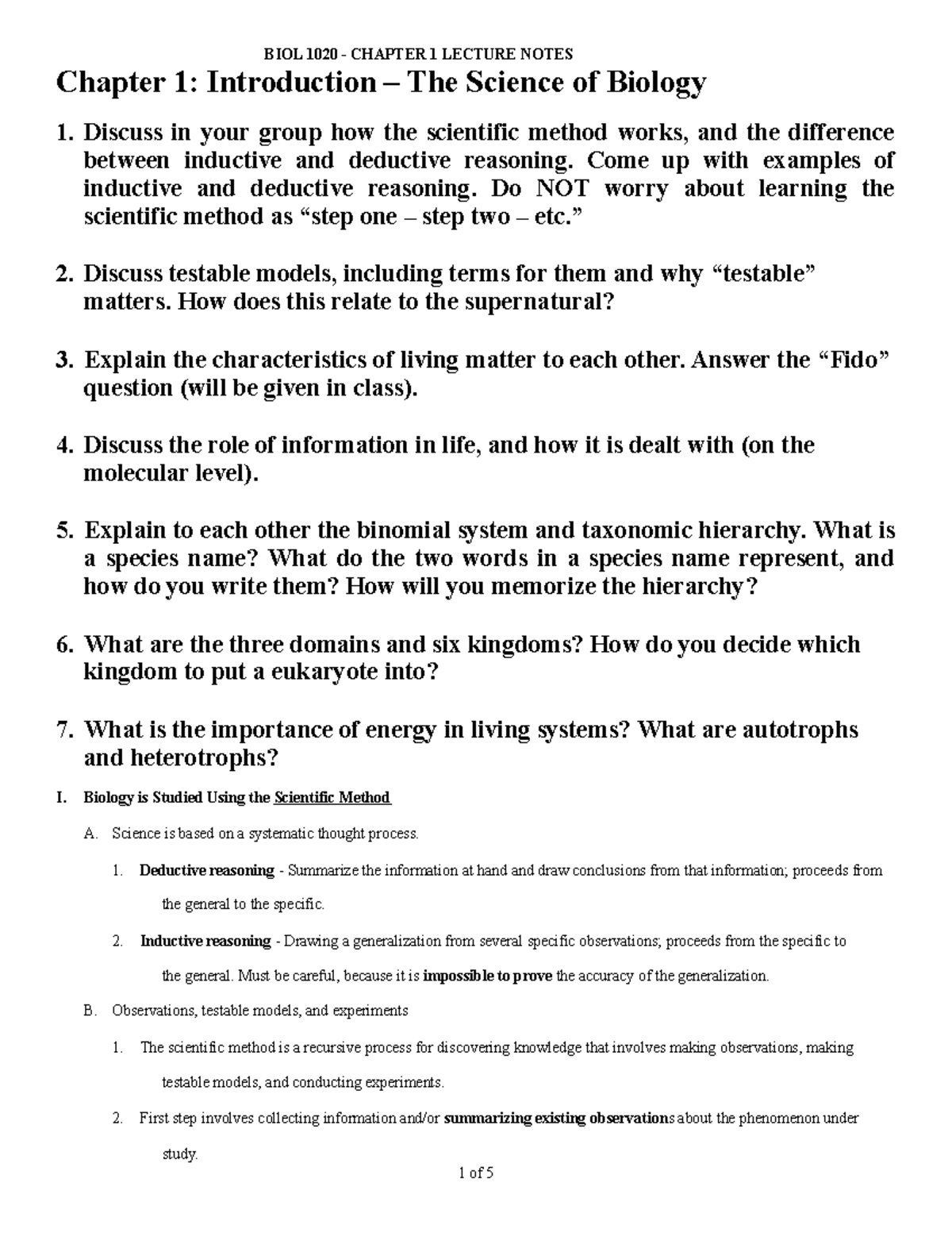 The science of biology introduction - BIOL 1020 - CHAPTER 1 LECTURE ...