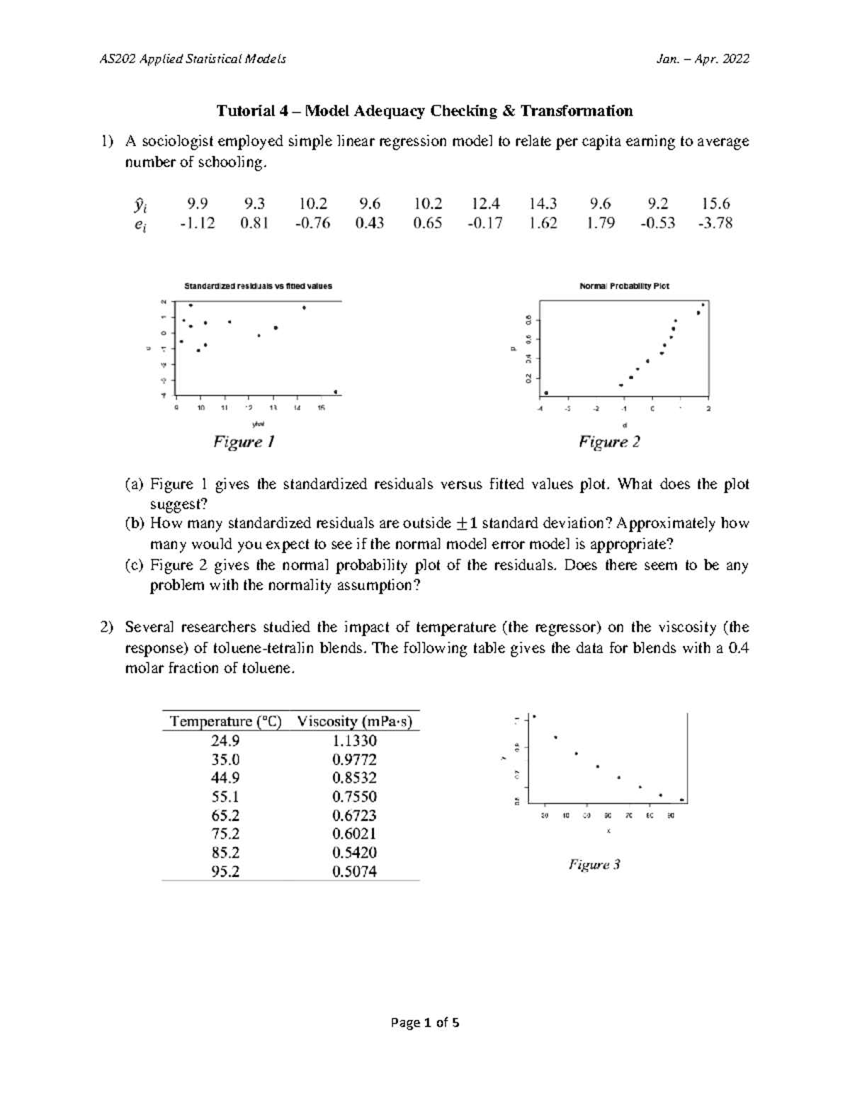 Tutorial 4 Question - Applied statistical mathematics - Tutorial 4 – Model Adequacy Checking ...