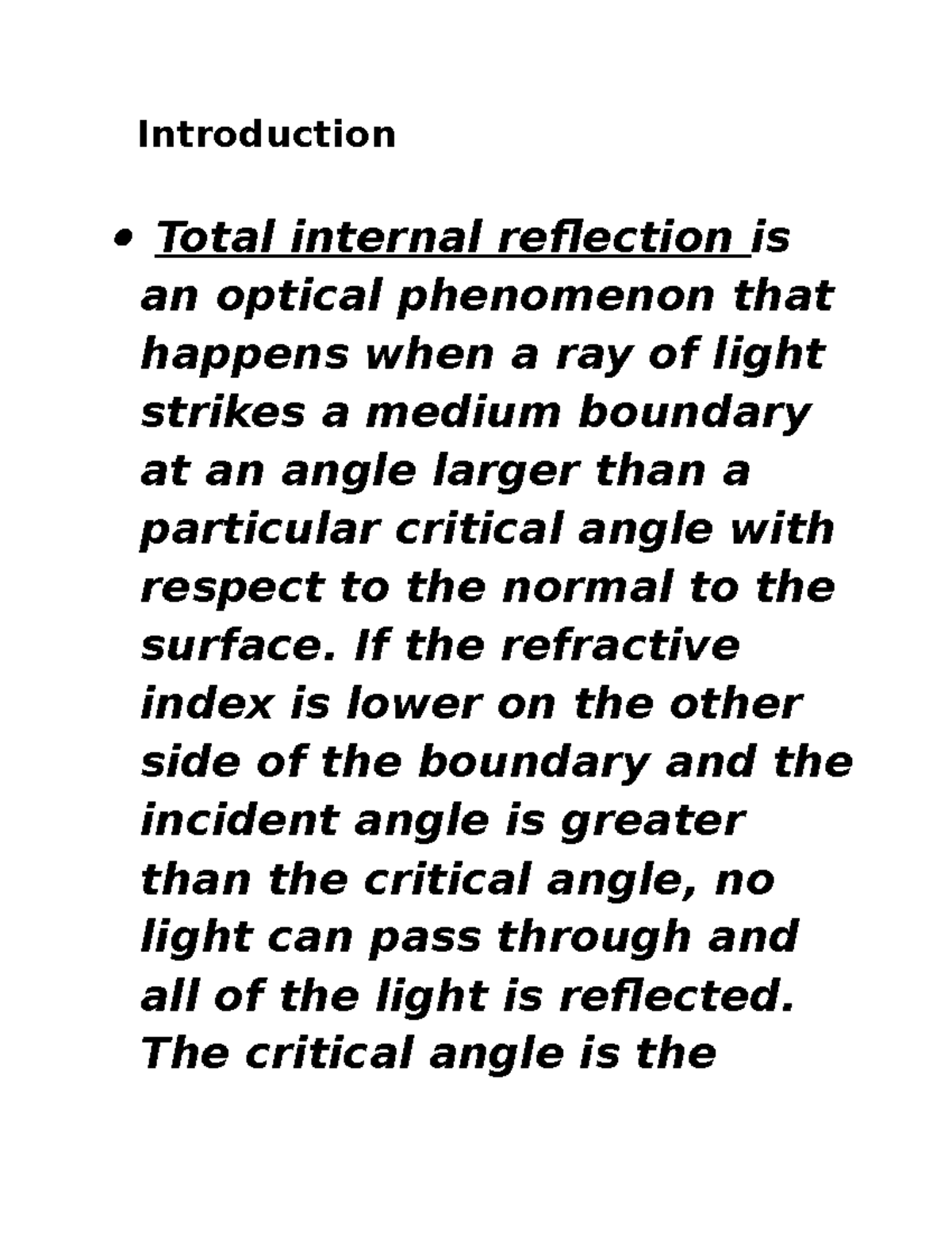 Physics project 1 - Introduction Total internal reflection is an ...