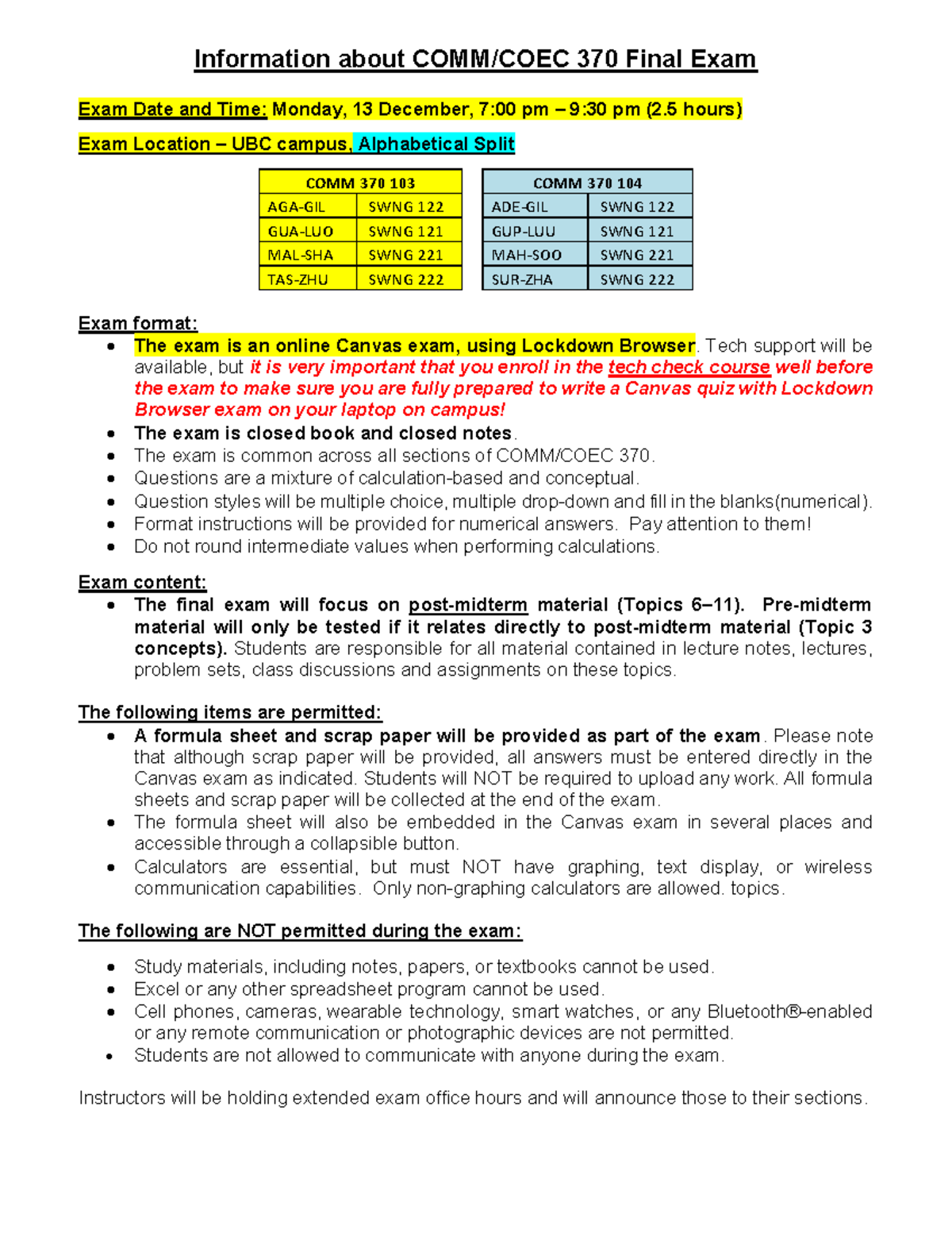 Final Information Sheet - Information about COMM/COEC 370 Final Exam ...