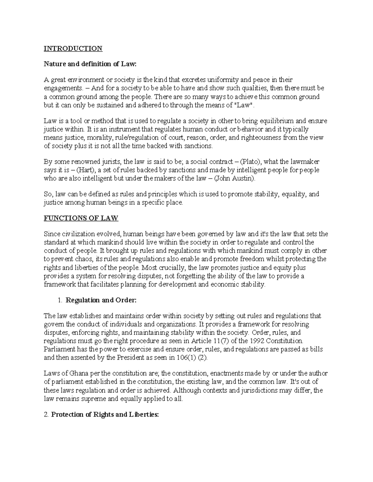 Function of law - INTRODUCTION Nature and definition of Law: A great ...