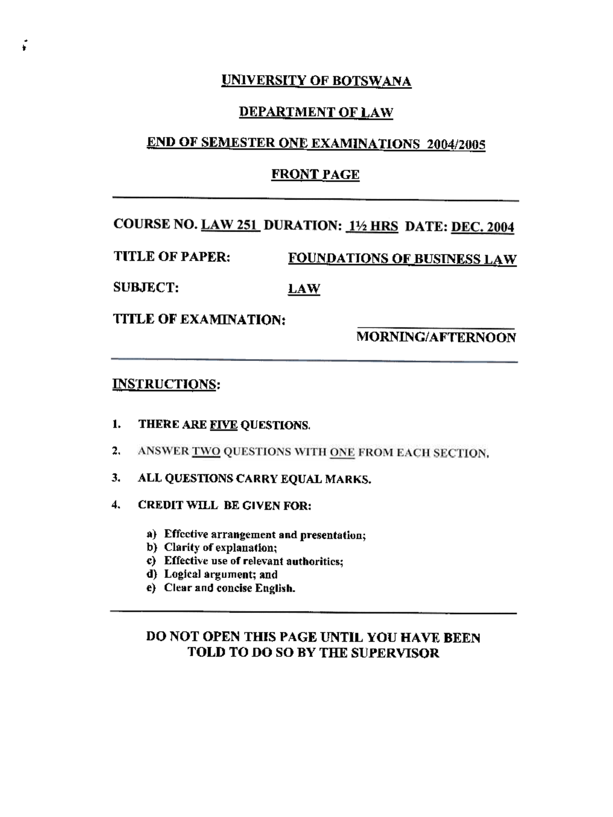 Null (11) - Past exam paper - .. UNIVERSITY OF BOTSWANA DEPARTMENT OF ...