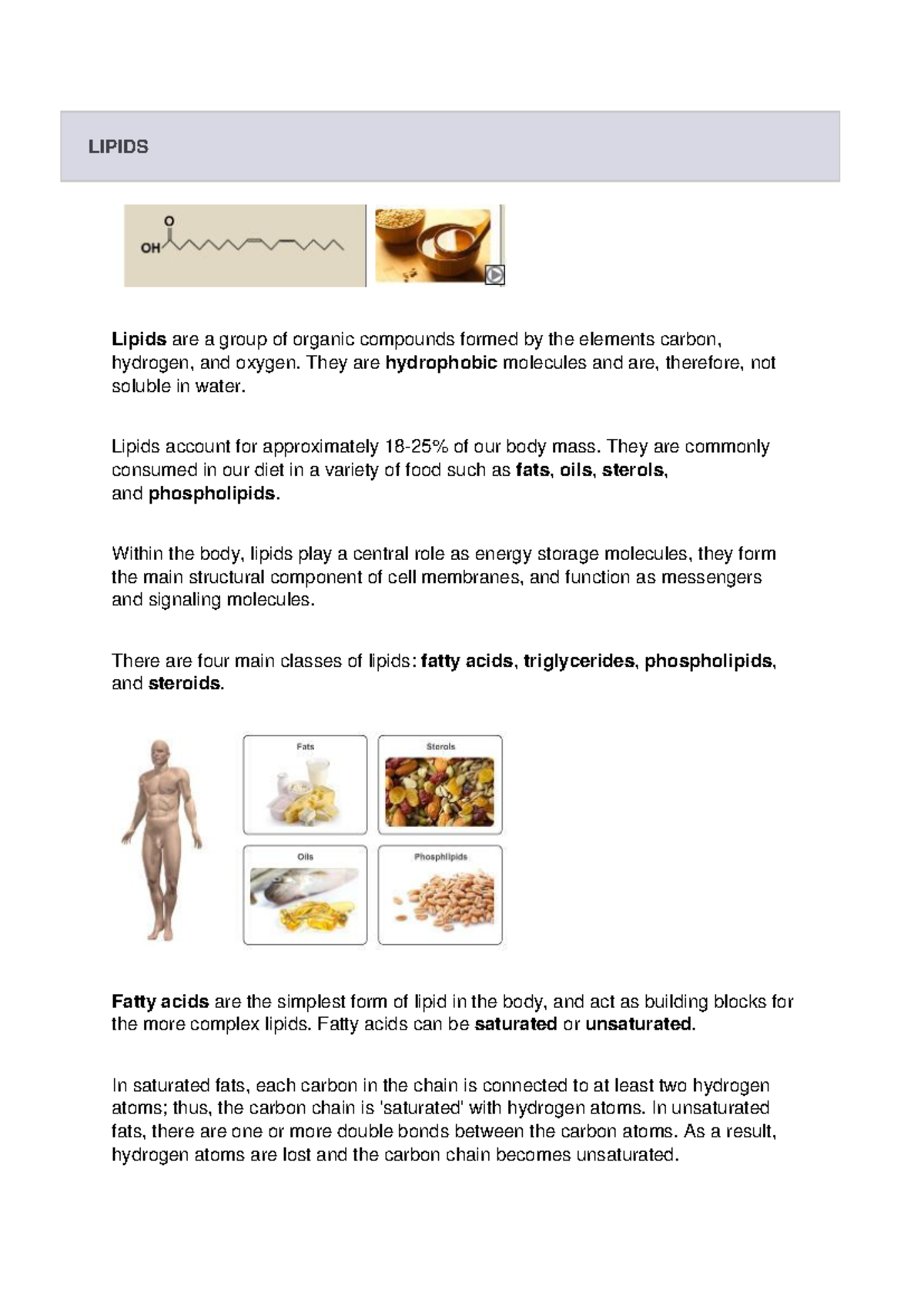 Summary-Biology - Notes - LIPIDS Lipids are a group of organic ...