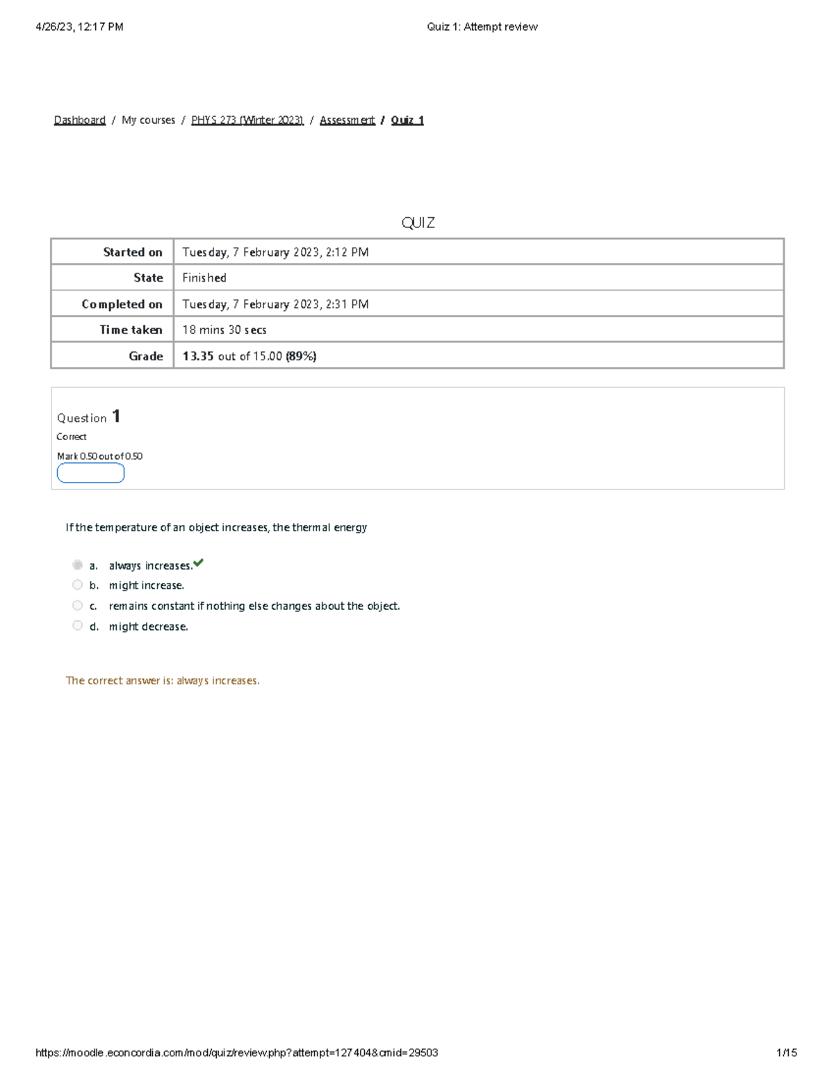 Quiz one for phys 273 - Dashboard / My courses / PHYS 273 (Winter 2023 ...