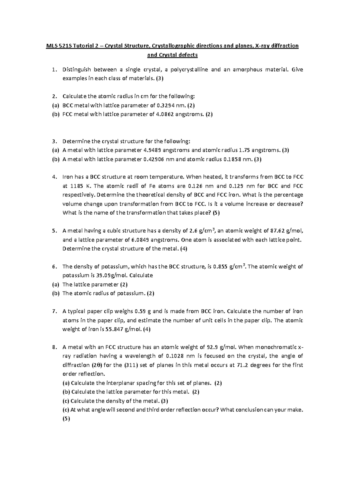 MLS521S Tutorial 2 - Practice - MLS 521S Tutorial 2 – Crystal Structure ...
