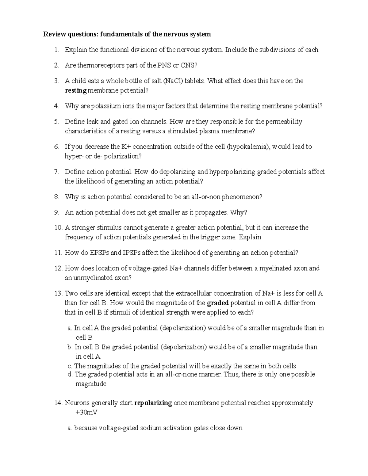 Nervous system fundamentals study guide - Review questions ...