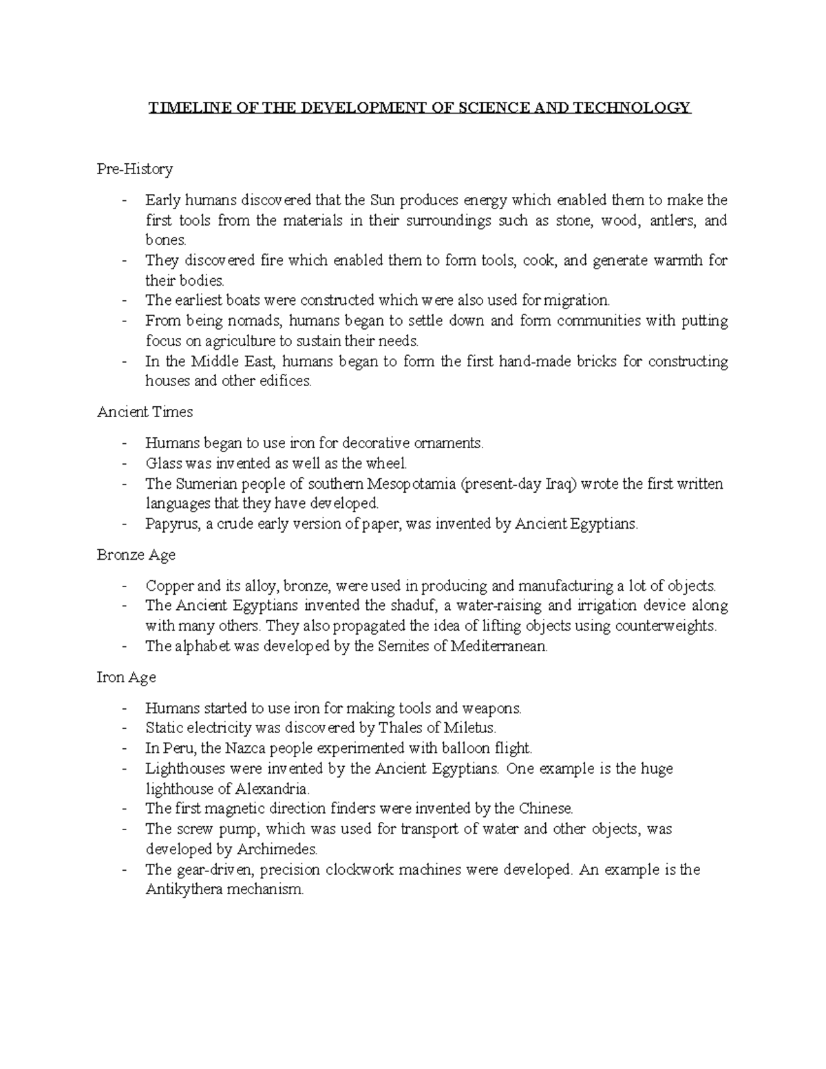 Science and Technology in Development - TIMELINE OF THE DEVELOPMENT OF ...