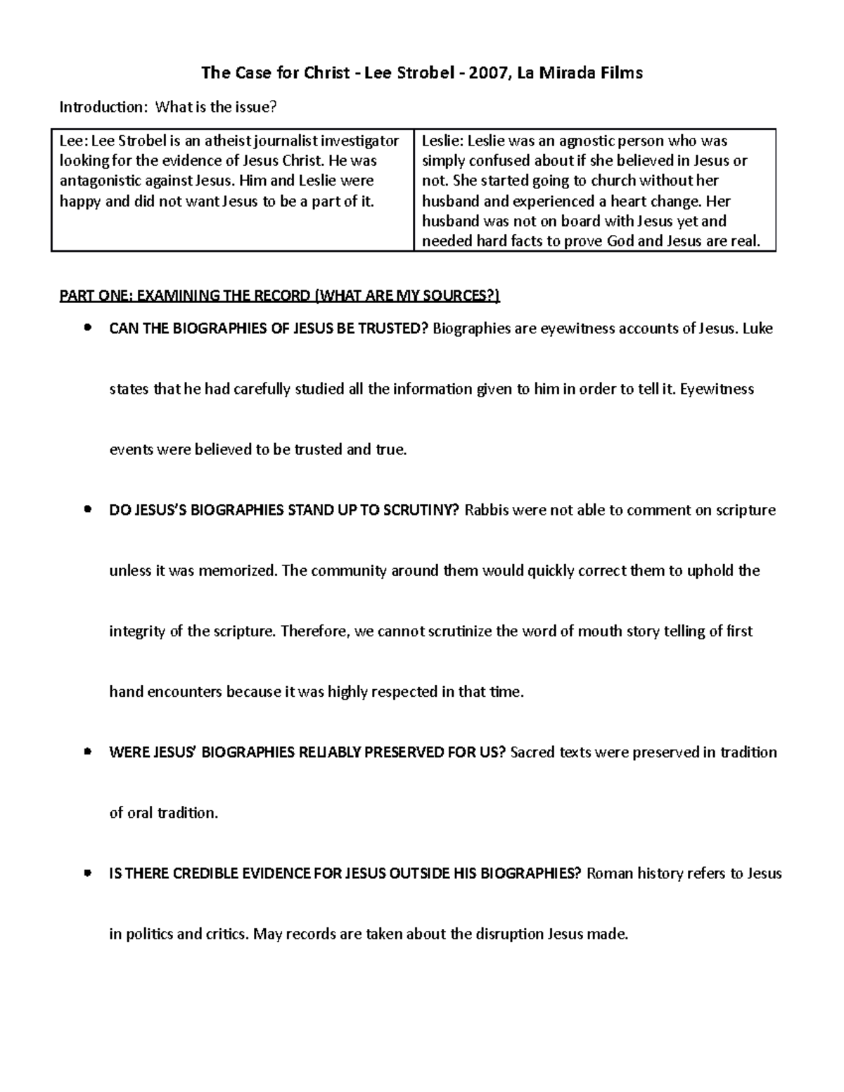 The Case for Christ - Benchmark Assignment - The Case for Christ - Lee ...