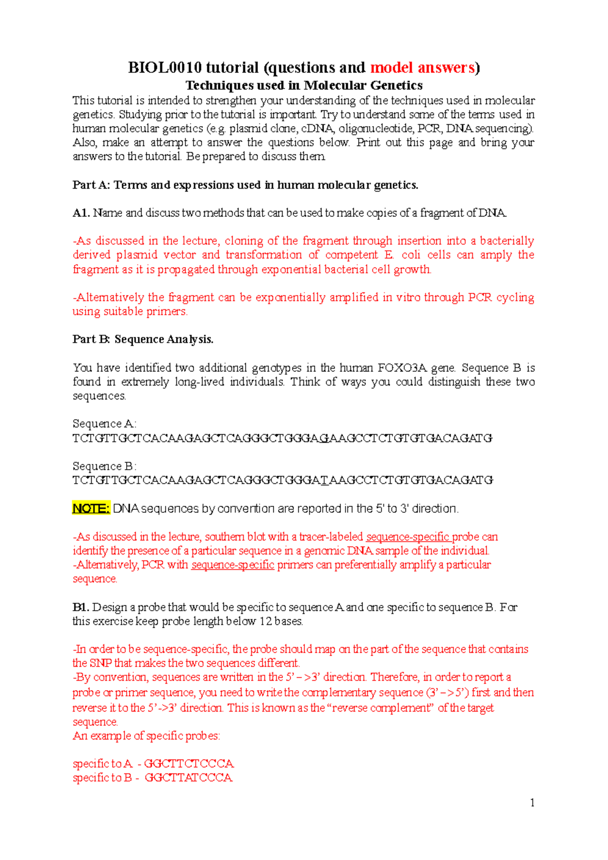Molecular genetics tutorial model answers - BIOL0010 tutorial ...