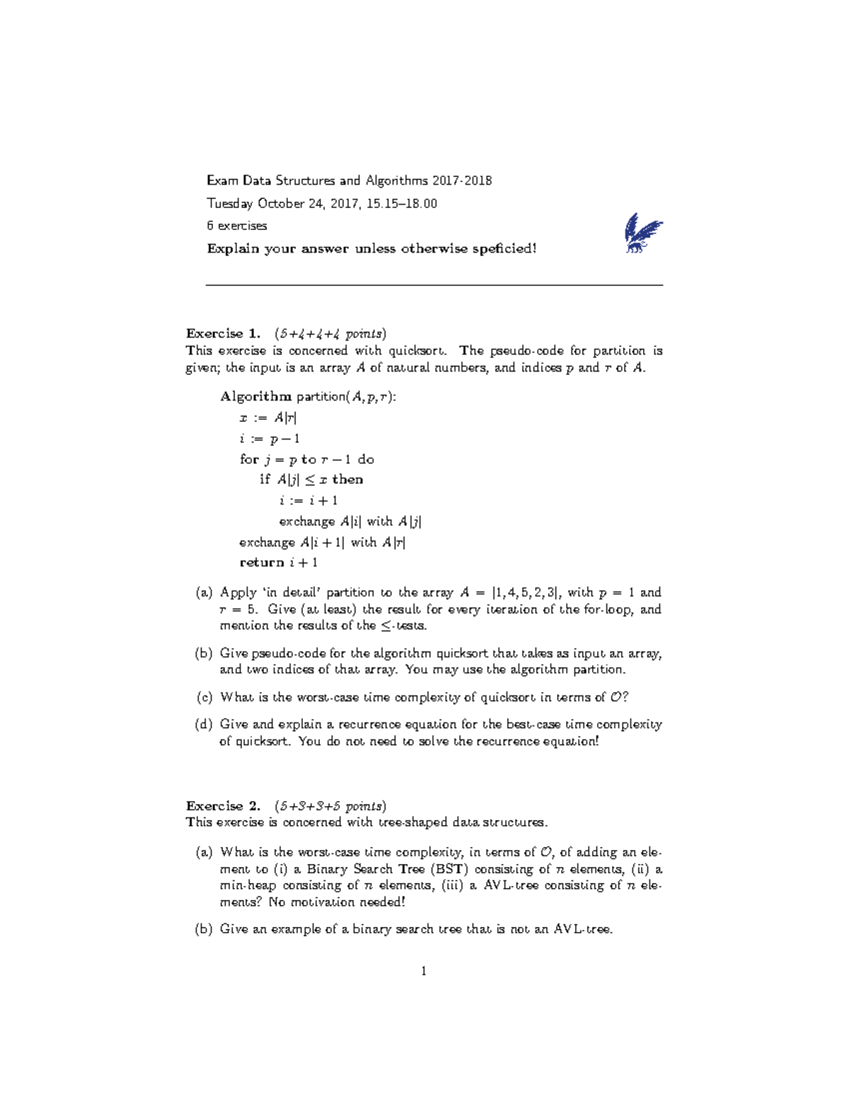 Tentamen Data structures and Algorithms 2017 - Exam Data Structures and ...